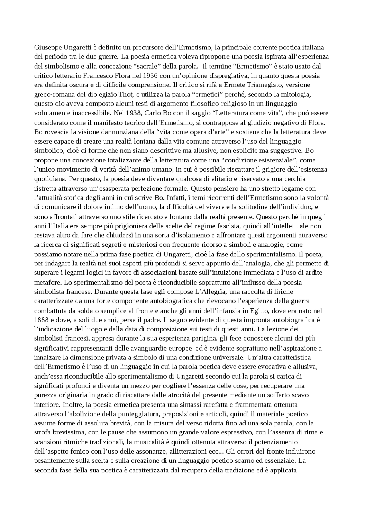 Ungaretti E Lermetismo Docsity