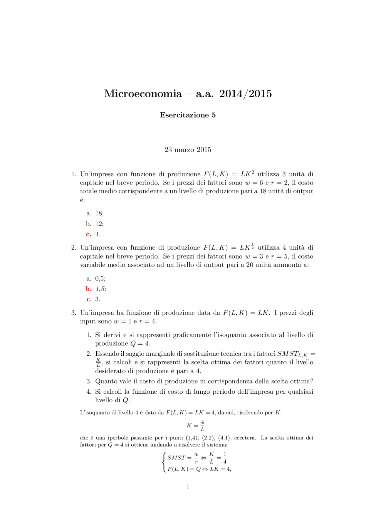 Soluzione Esercitazione 5 Pre Esame Microeconomia Docsity