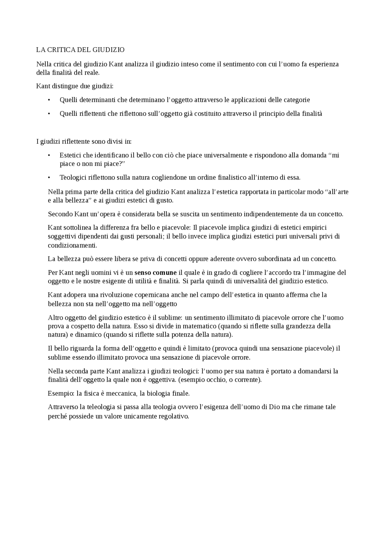 Kant La Critica Del Giudizio Docsity