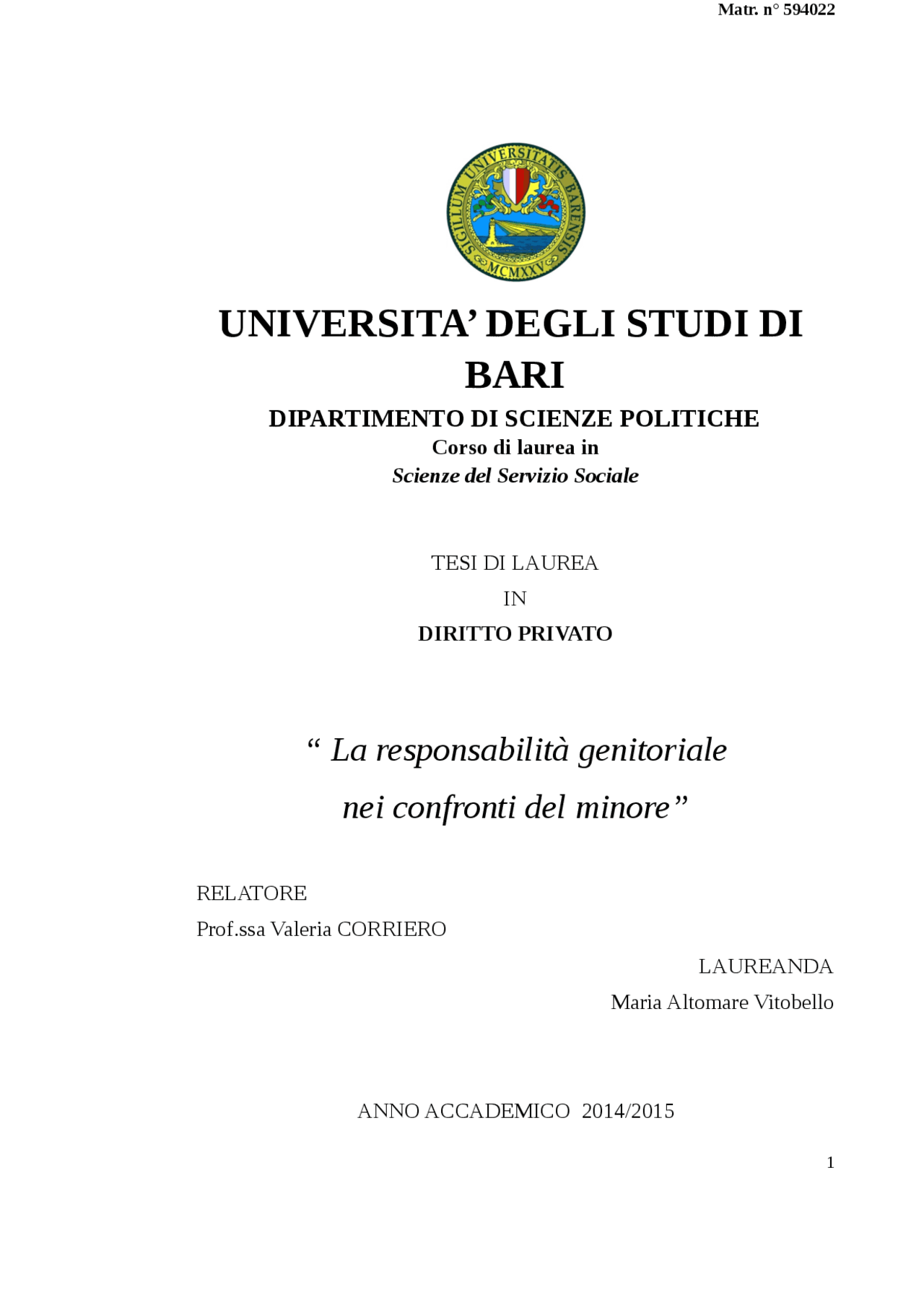 Responsabilità Genitoriale Nei Confronti Del Minore Docsity