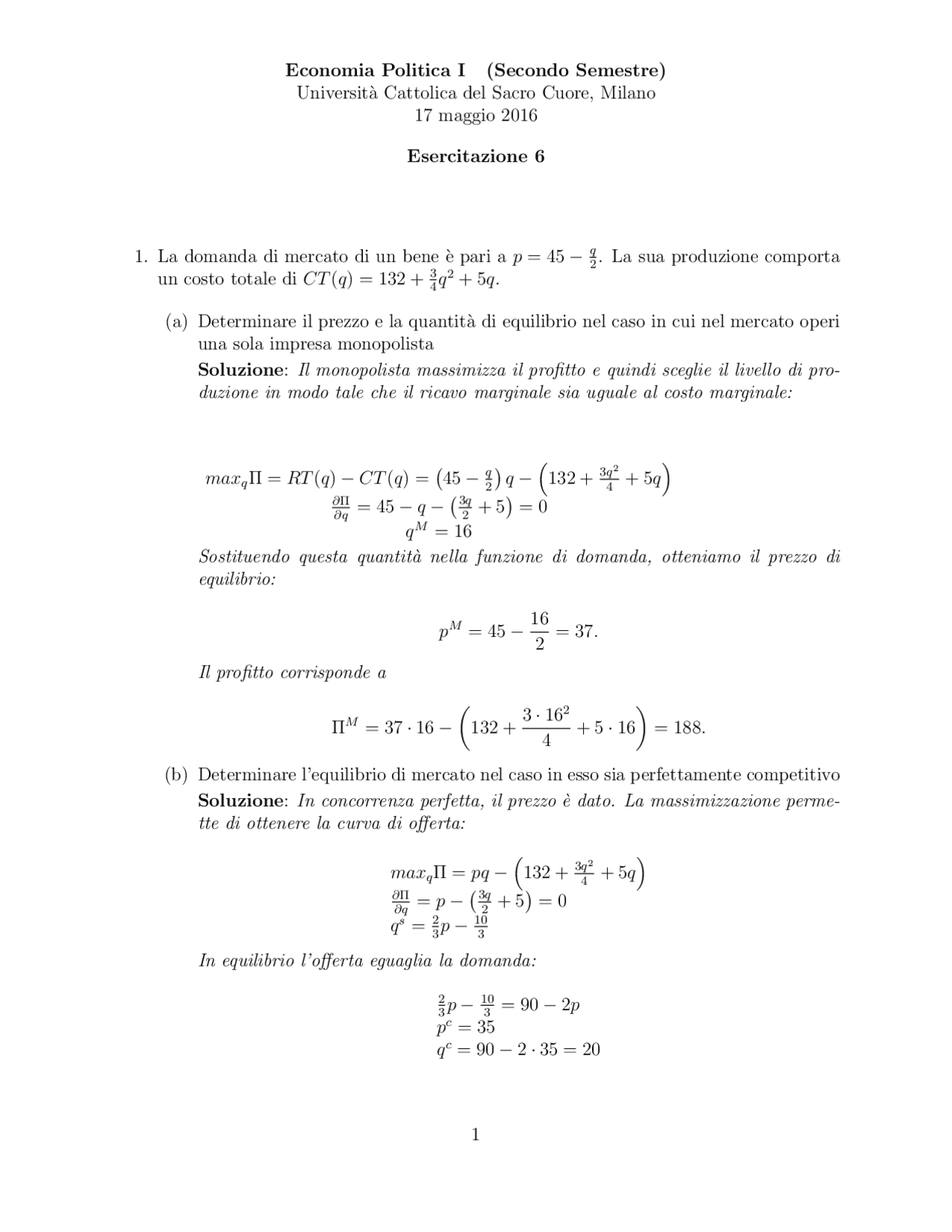 Esercizi Di Microeconomia Esercizi Di Microeconomia Docsity