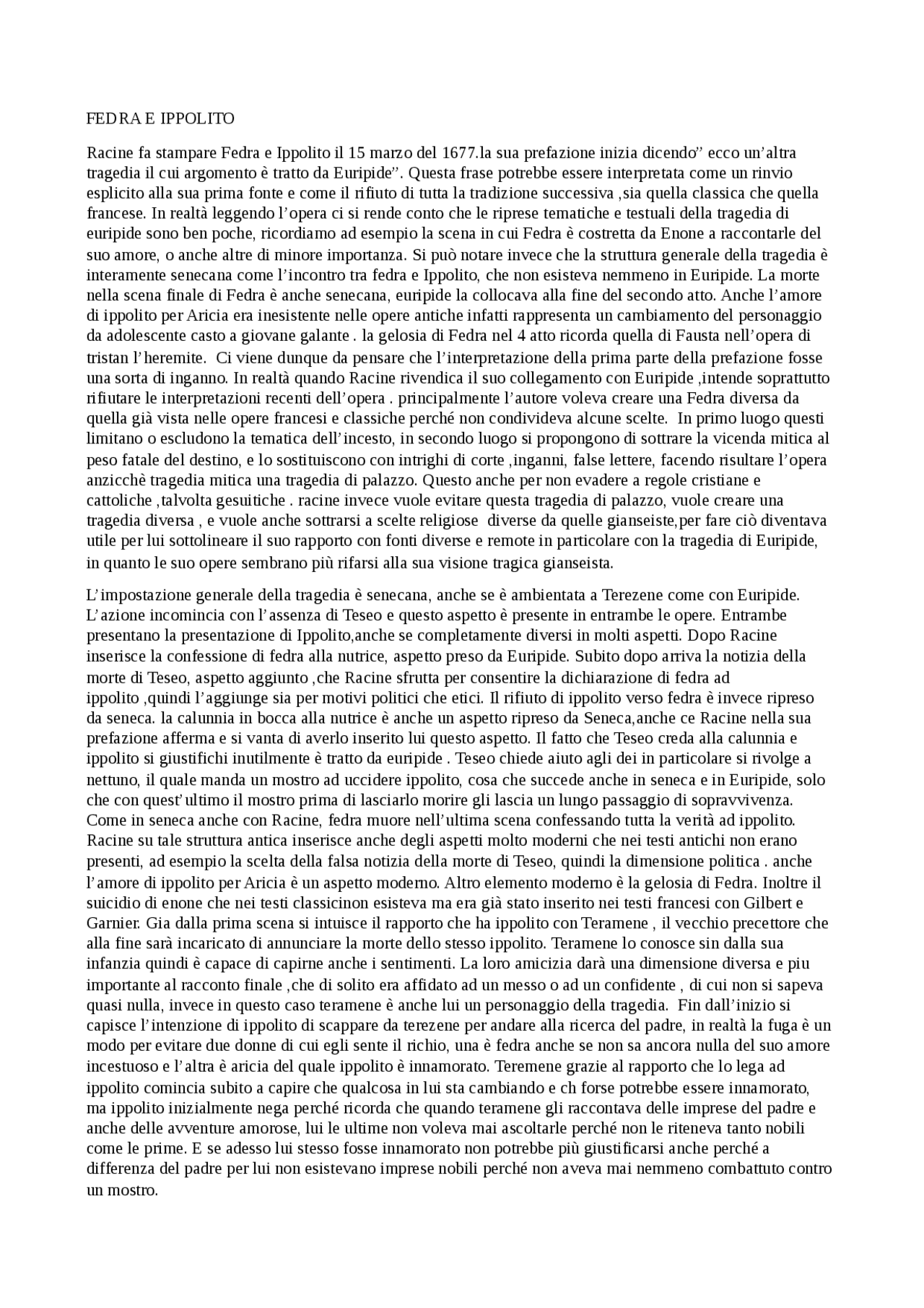 Riassunto Fedra E Ippolito Di Racine Letteratura Francese Docsity