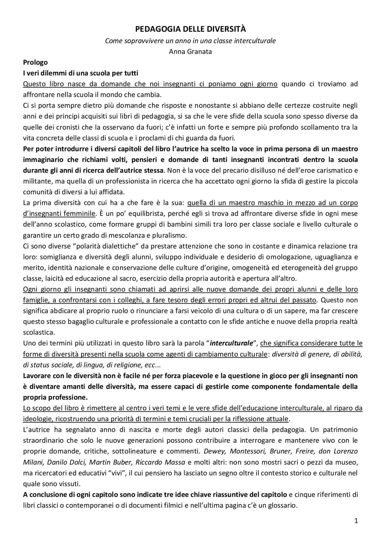 Riassunto dettagliato "Pedagogia della diversità" di Anna Granata - Docsity