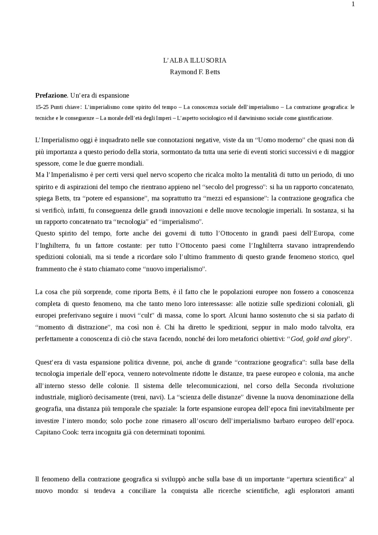 Raymond F. Betts, Alba illusoria (riassunto) - Docsity