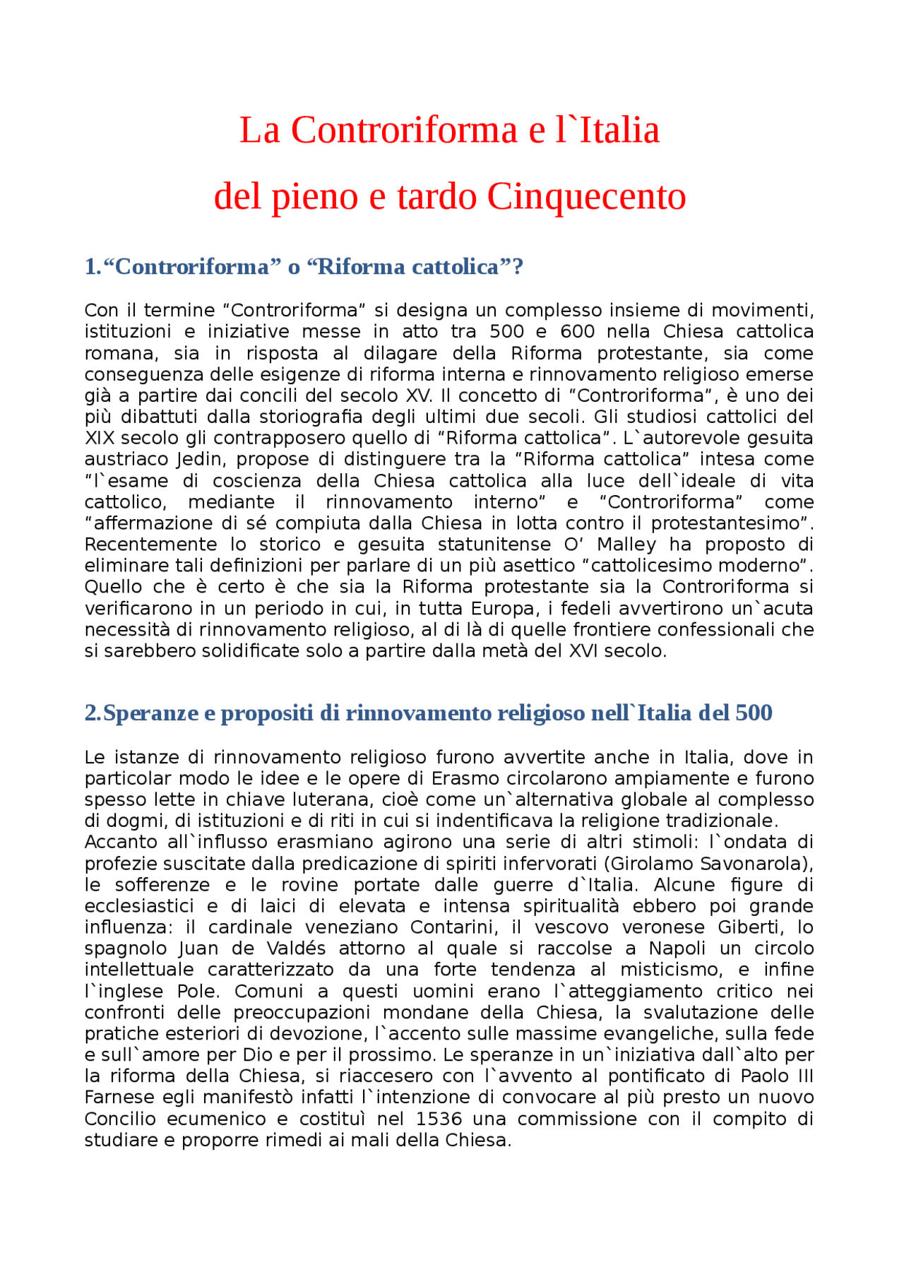 Controriforma Riassunto In Breve Docsity