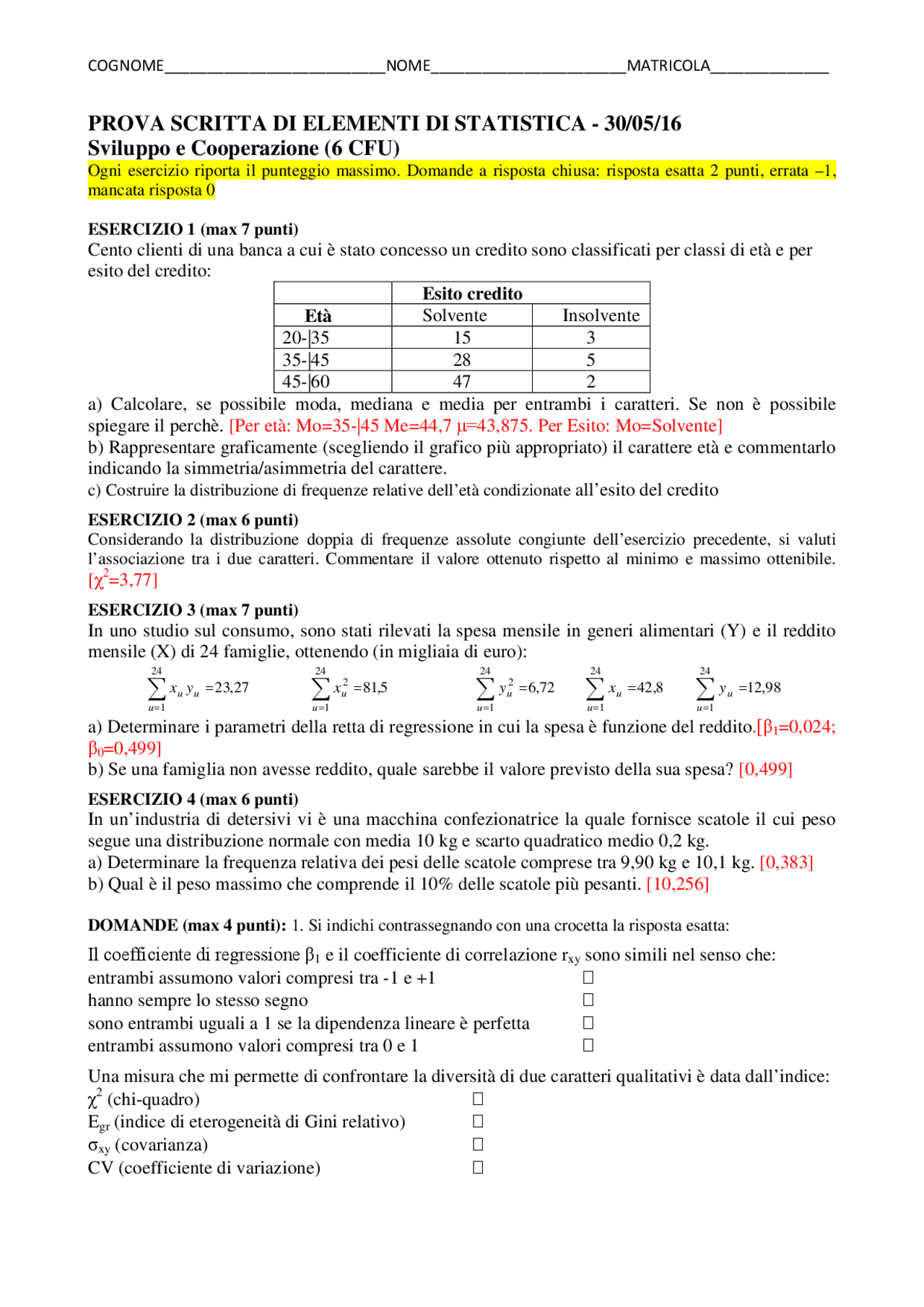 Testo Esame Elementi Di Statistica Docsity