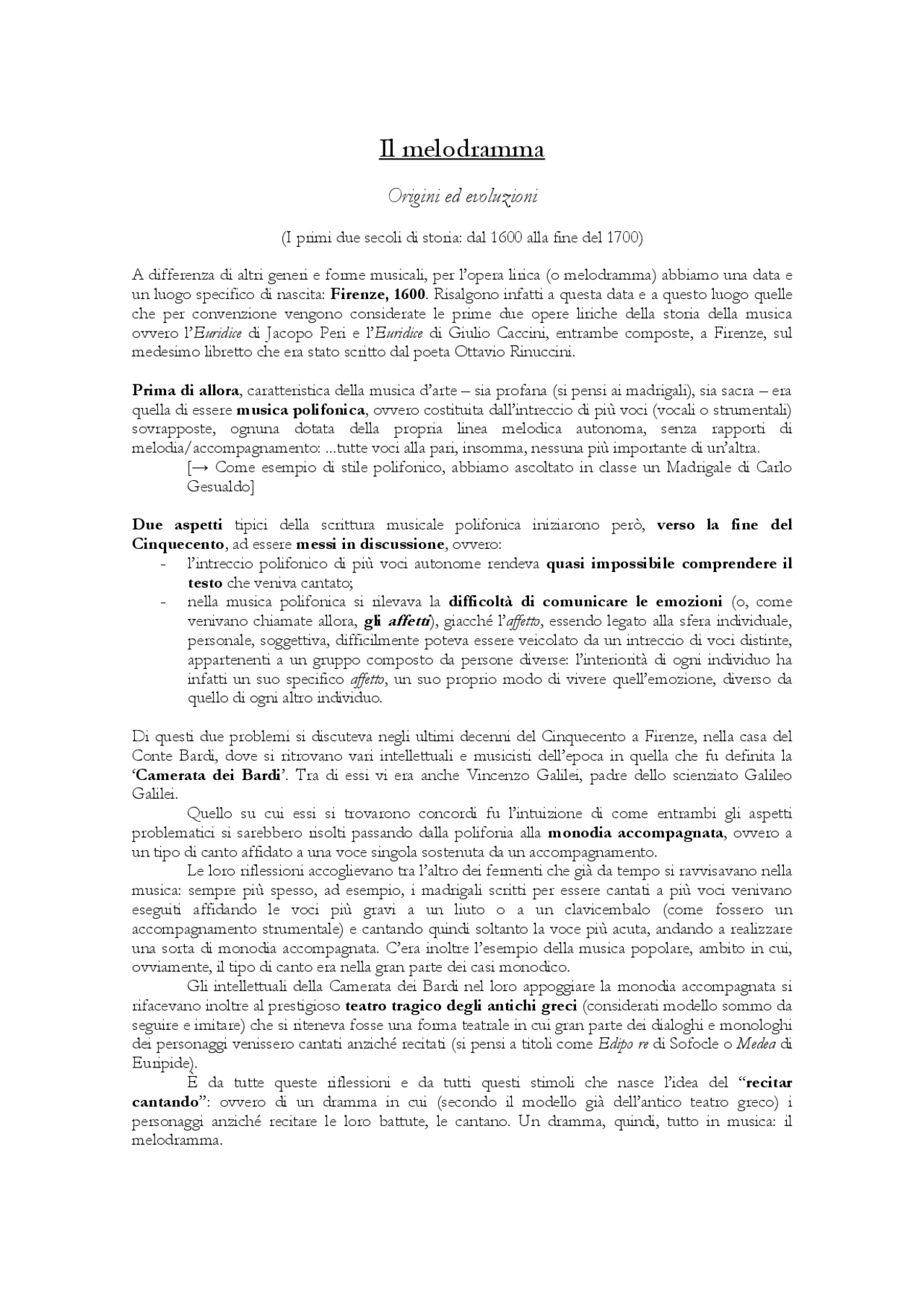 Appunti sulla nascita e l'evoluzione del melodramma - Docsity