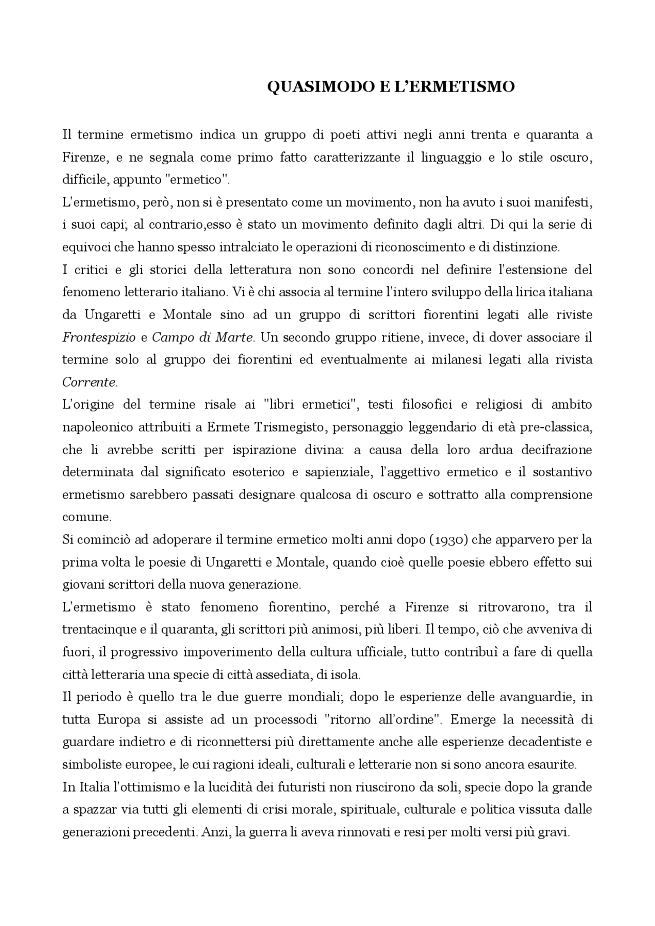 Quasimodo E Lermetismo Docsity