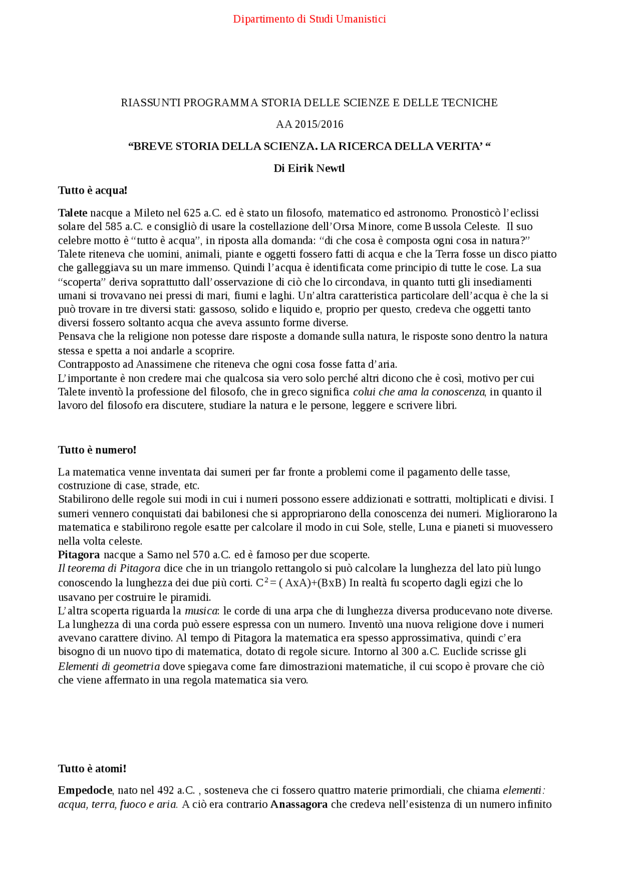Riassunti Programma Storia Delle Scienze E Delle Tecniche Docsity