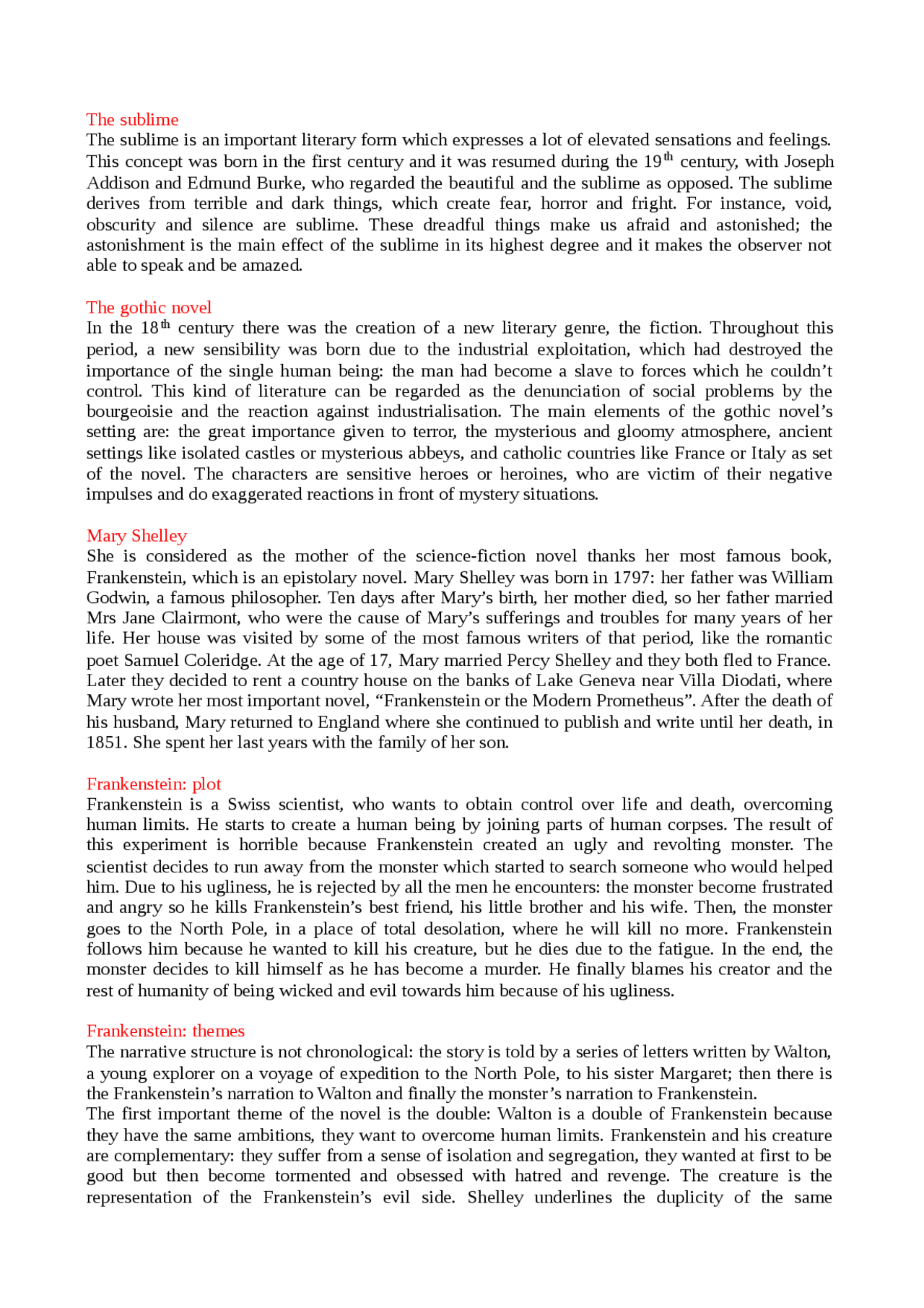 Gothic Novel Sublime Frankenstein English Docsity