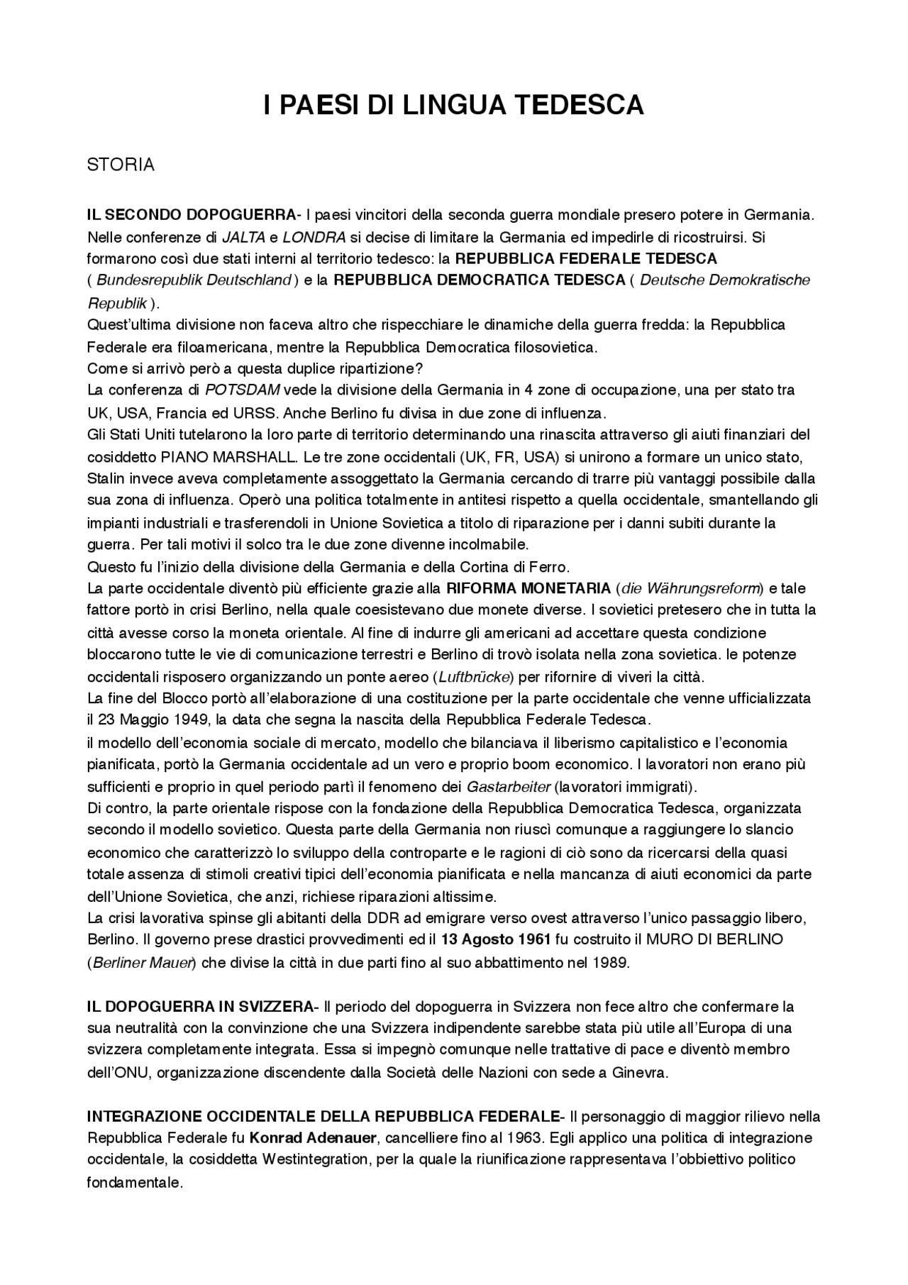 Riassunti I Paesi Di Lingua Tedesca Docsity