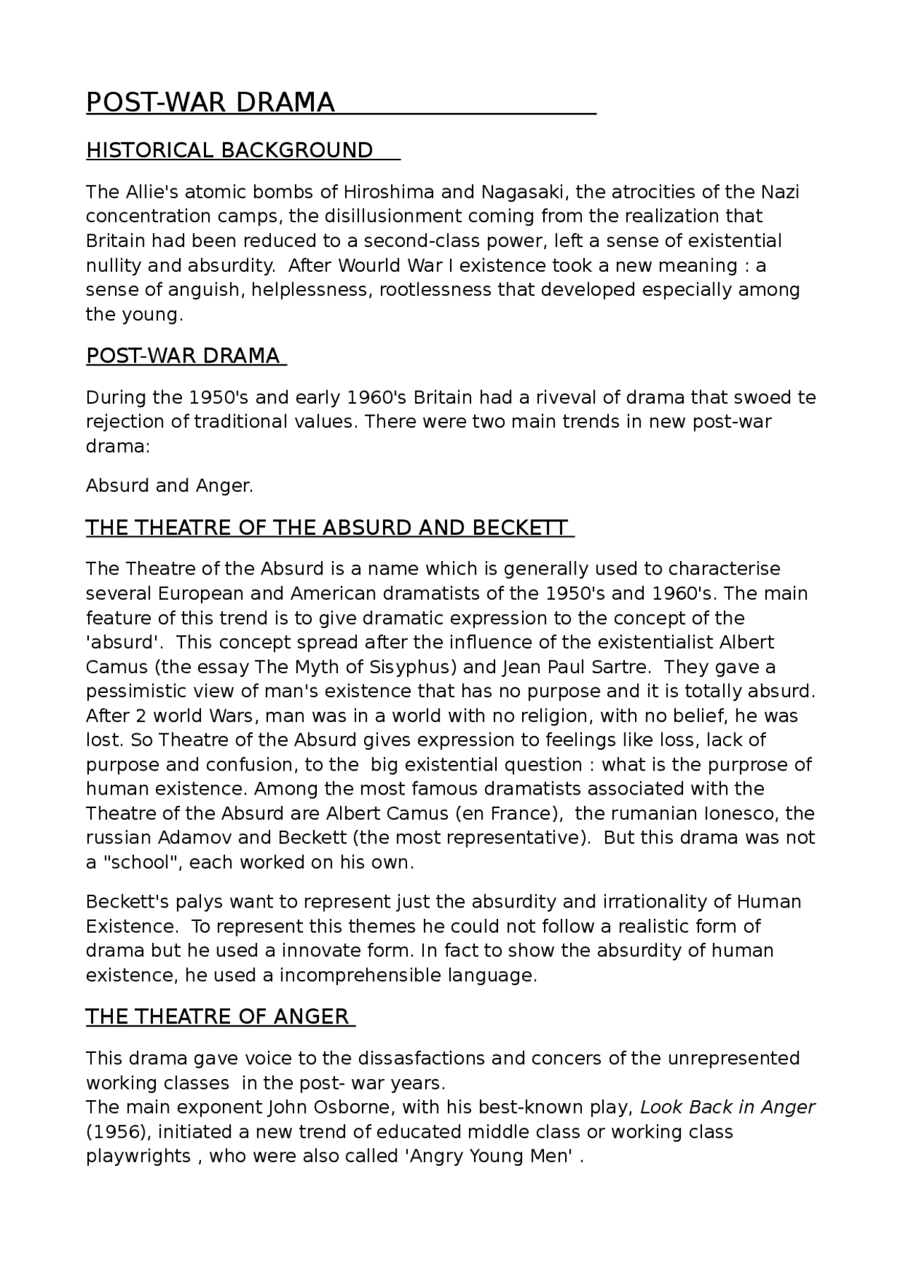 Post-War Drama: the Theatre of the Absurd and the Theatre of Anger ...