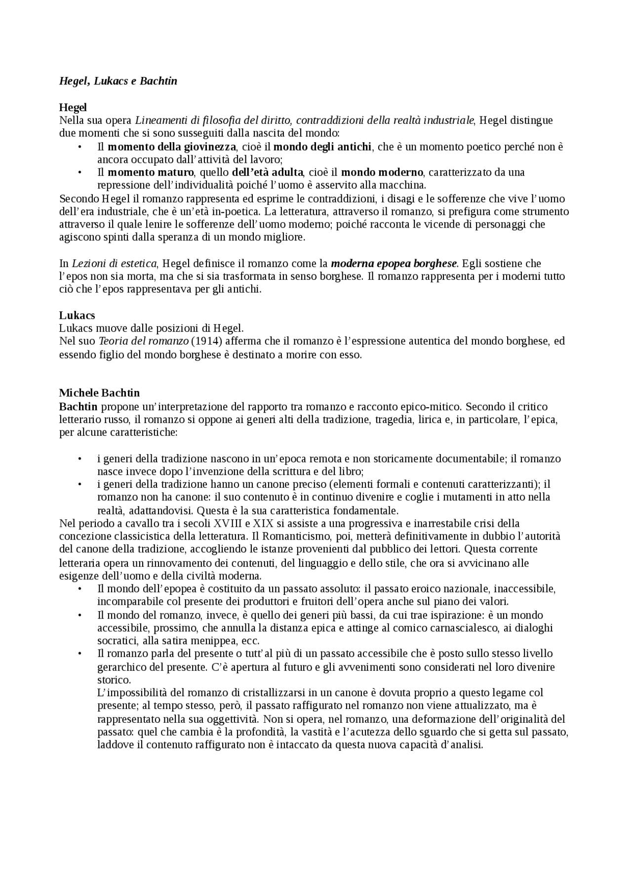 Appunti E Approfondimenti Hegel Lukacs E Bachtin Docsity