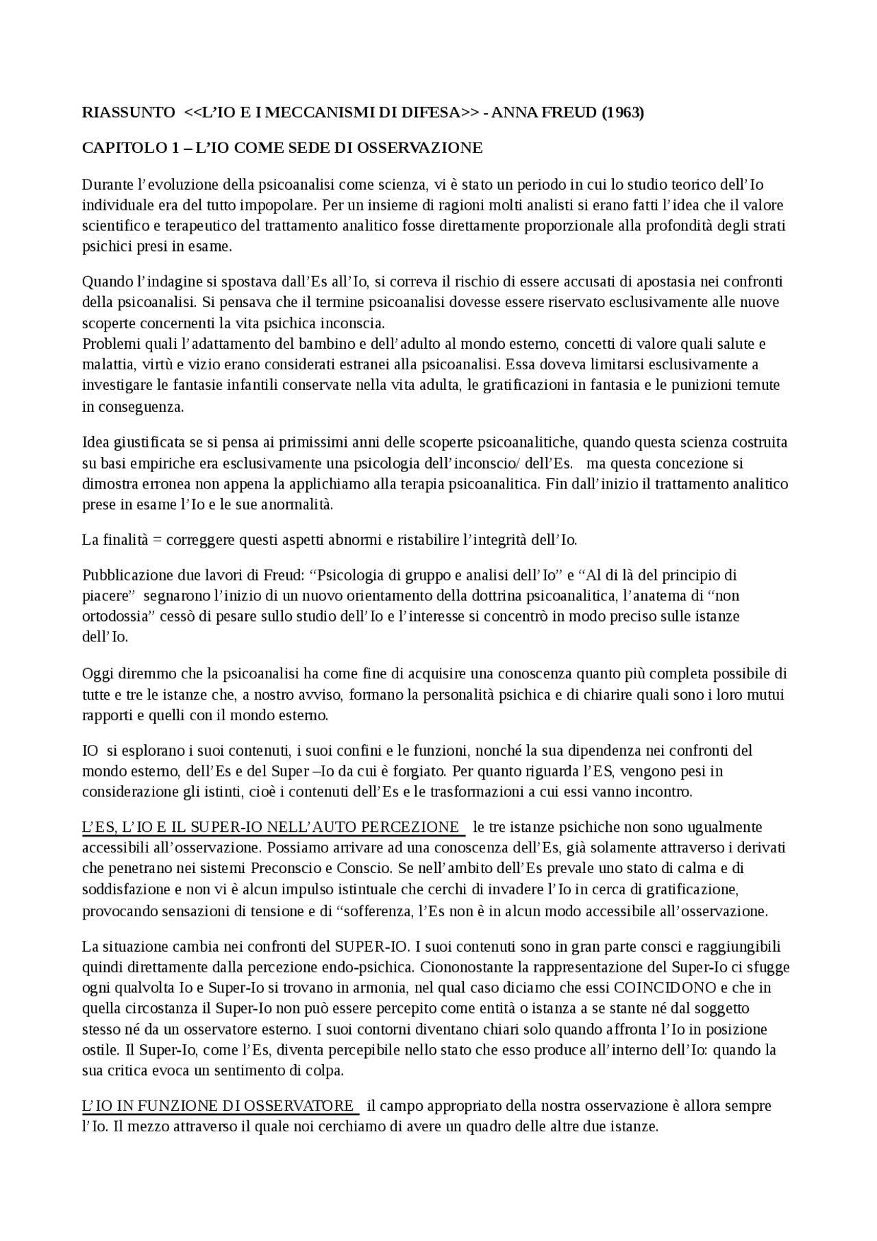 Riassunto Io E I Meccanismi Di Difesa Anna Freud Docsity