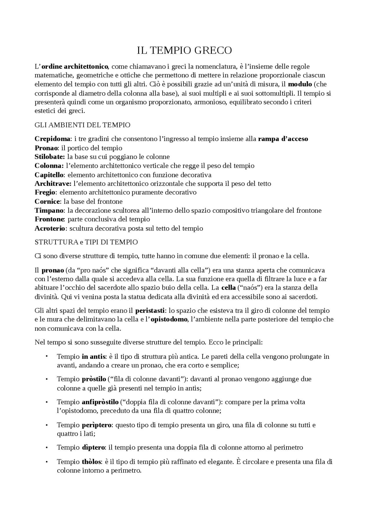 Il tempio greco: ambienti, struttura e tipi - Docsity