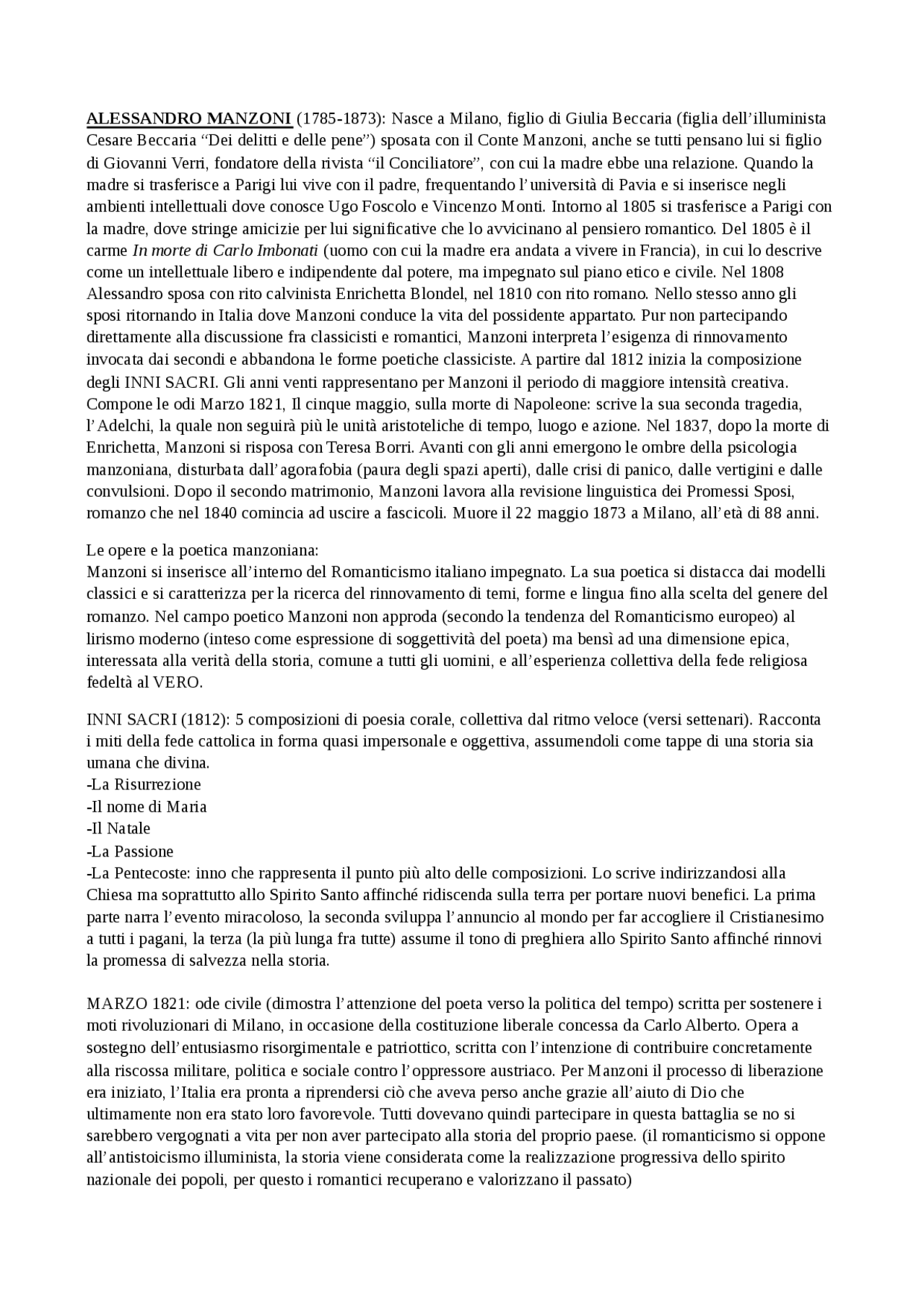 Manzoni Vita E Opere Docsity