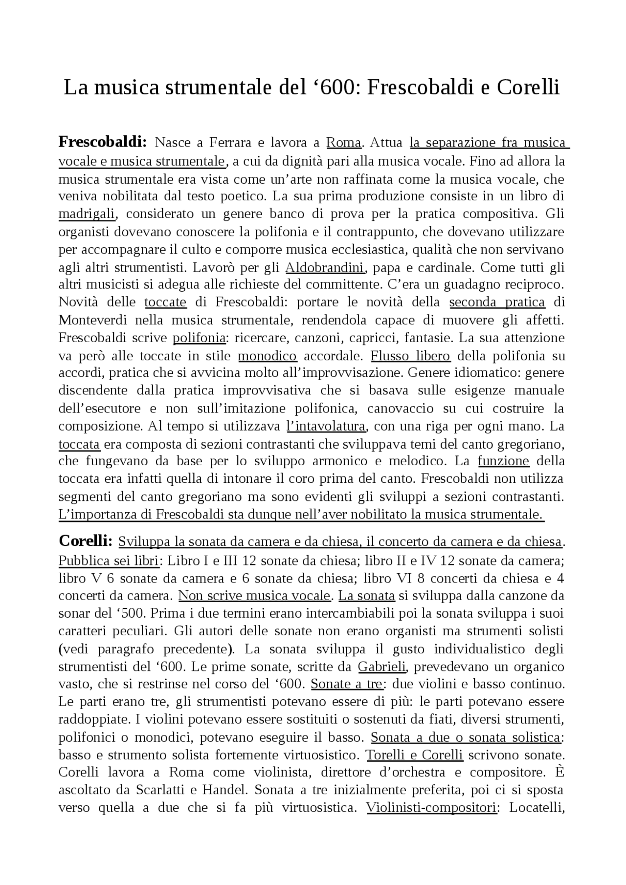 La musica strumentale del ‘600: Frescobaldi e Corelli - Docsity