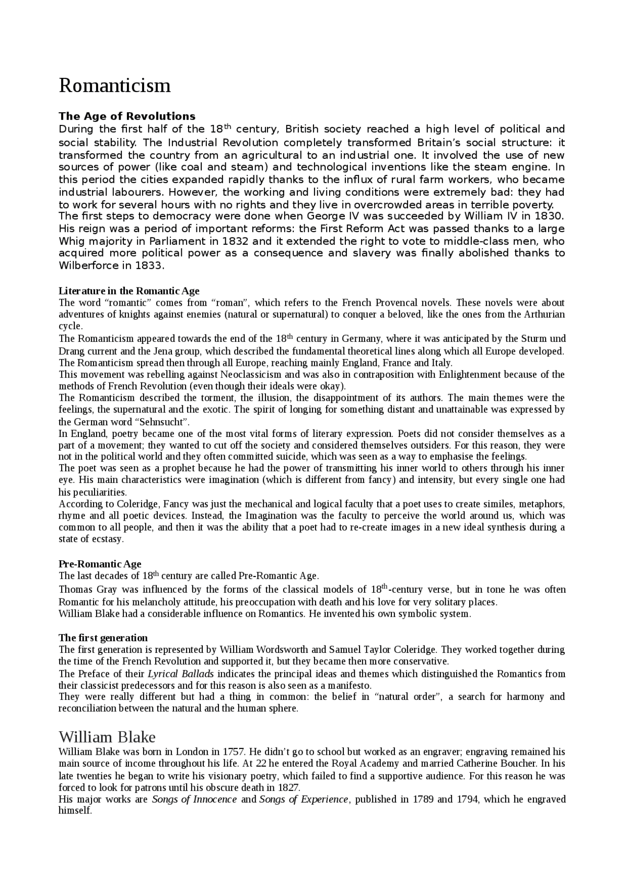 Romanticism: History, Literature (Blake, Wordsworth, Coleridge, Shelley ...