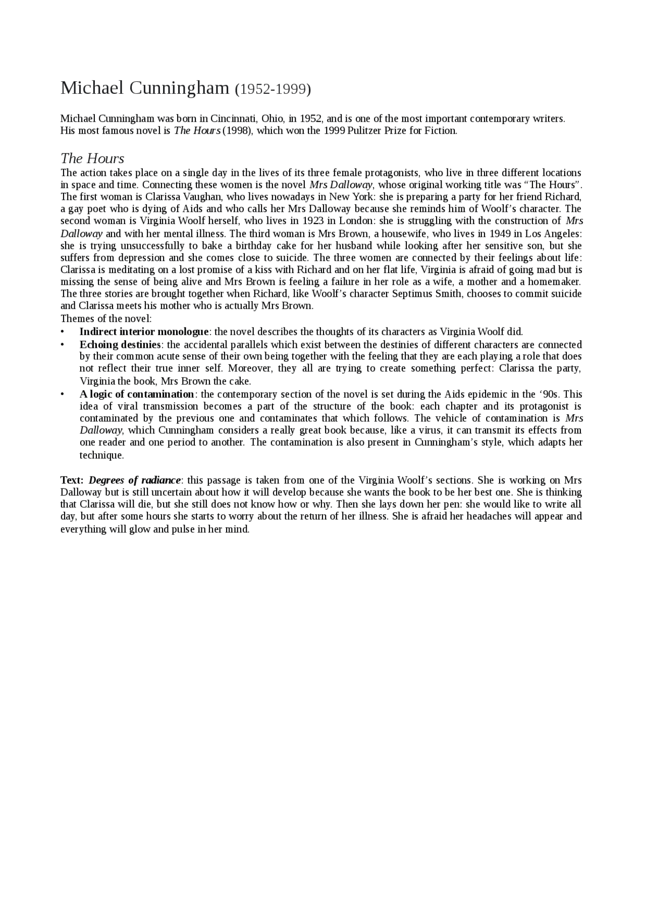 Cunningham, analysis of The Hours - Docsity