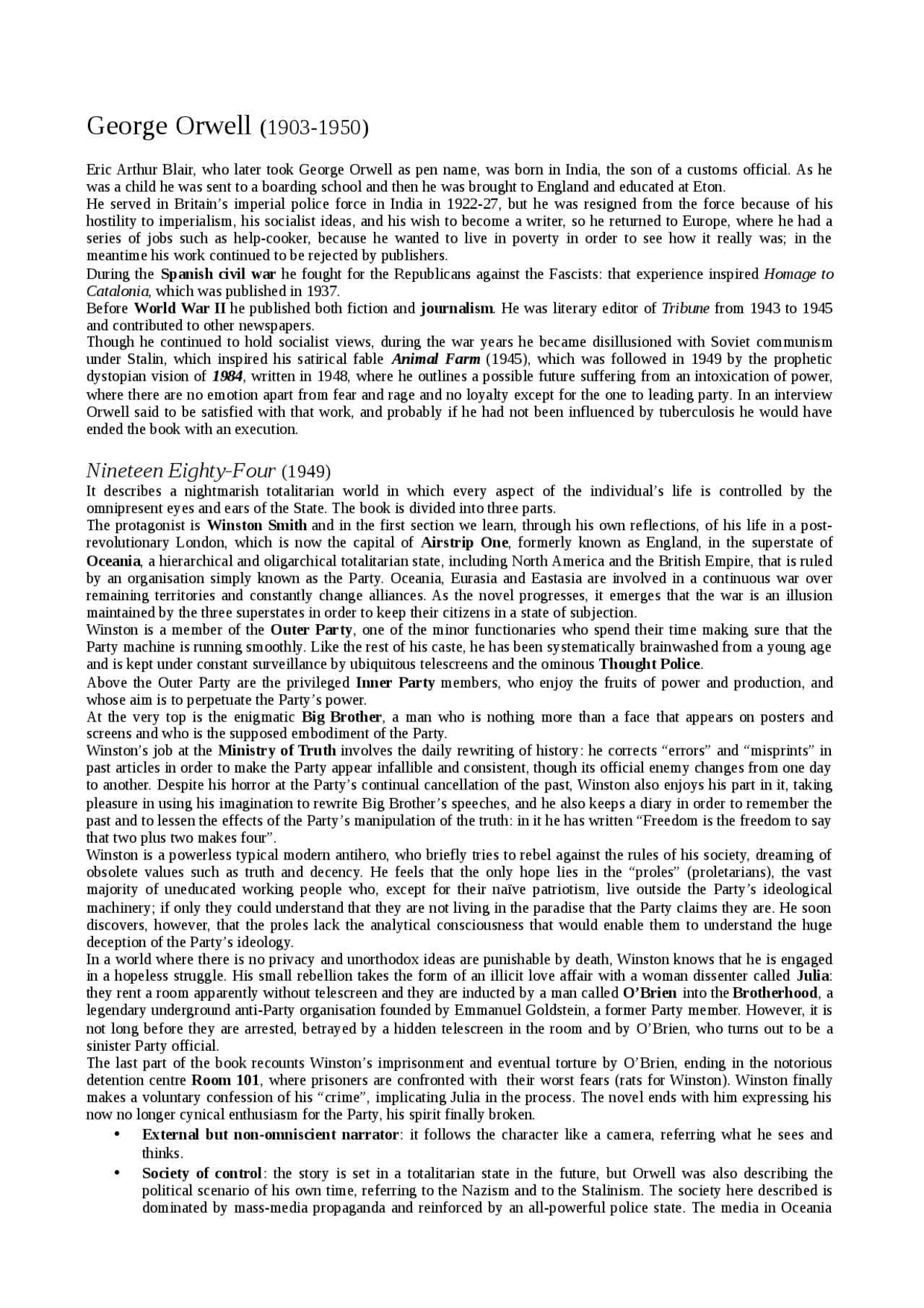 Orwell: life and ideology, analysis of "1984" - Docsity