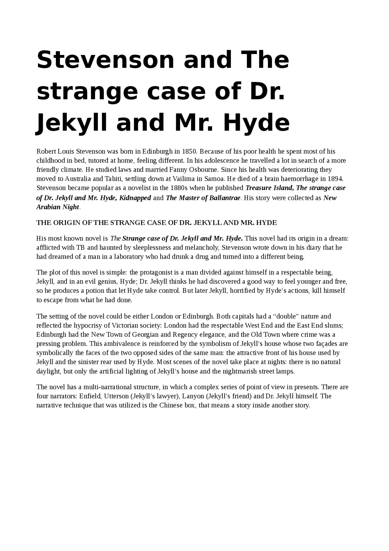 Stevenson Dr Jekyll And Mr Hyde Docsity