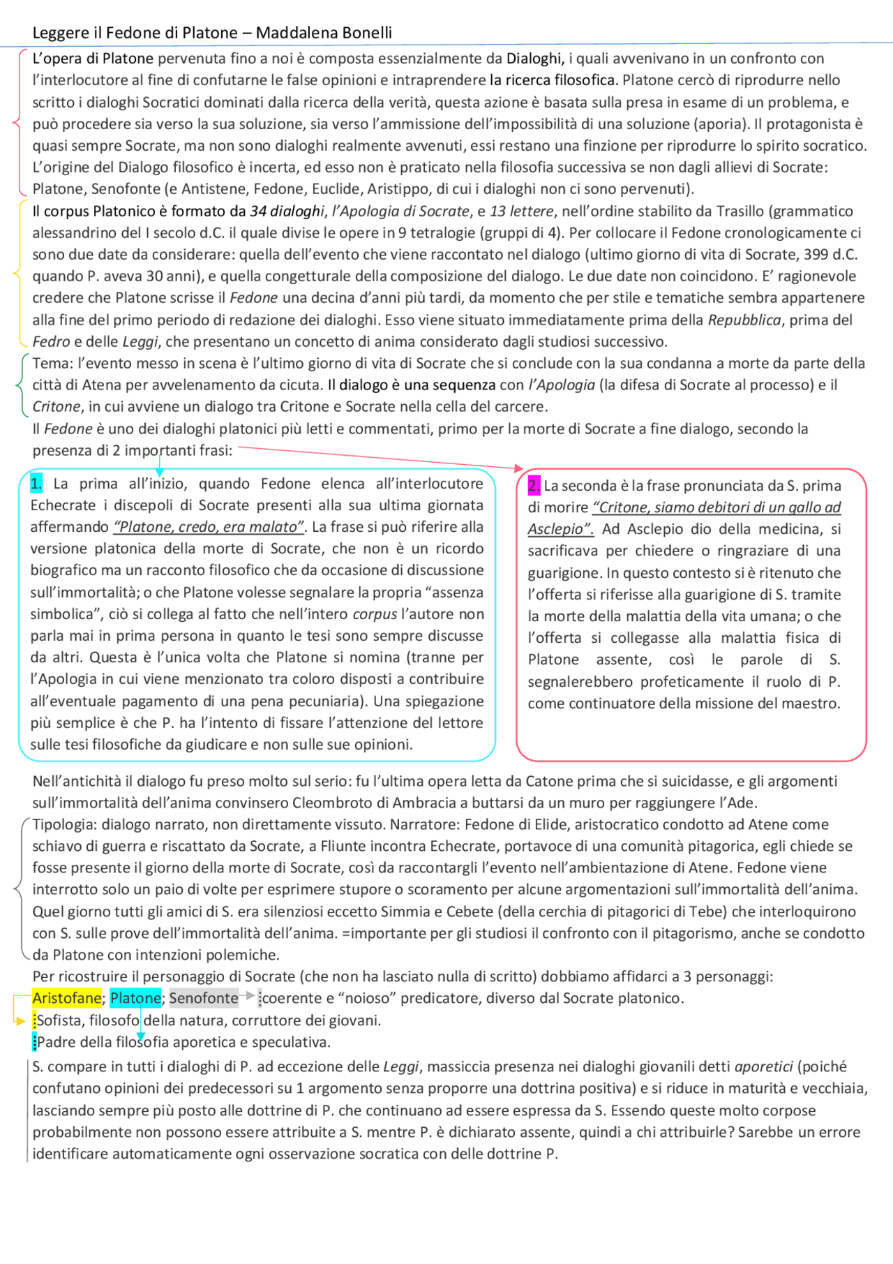 Riassunto libro "Leggere il Fedone di Platone" di Maddalena Bonelli - Docsity