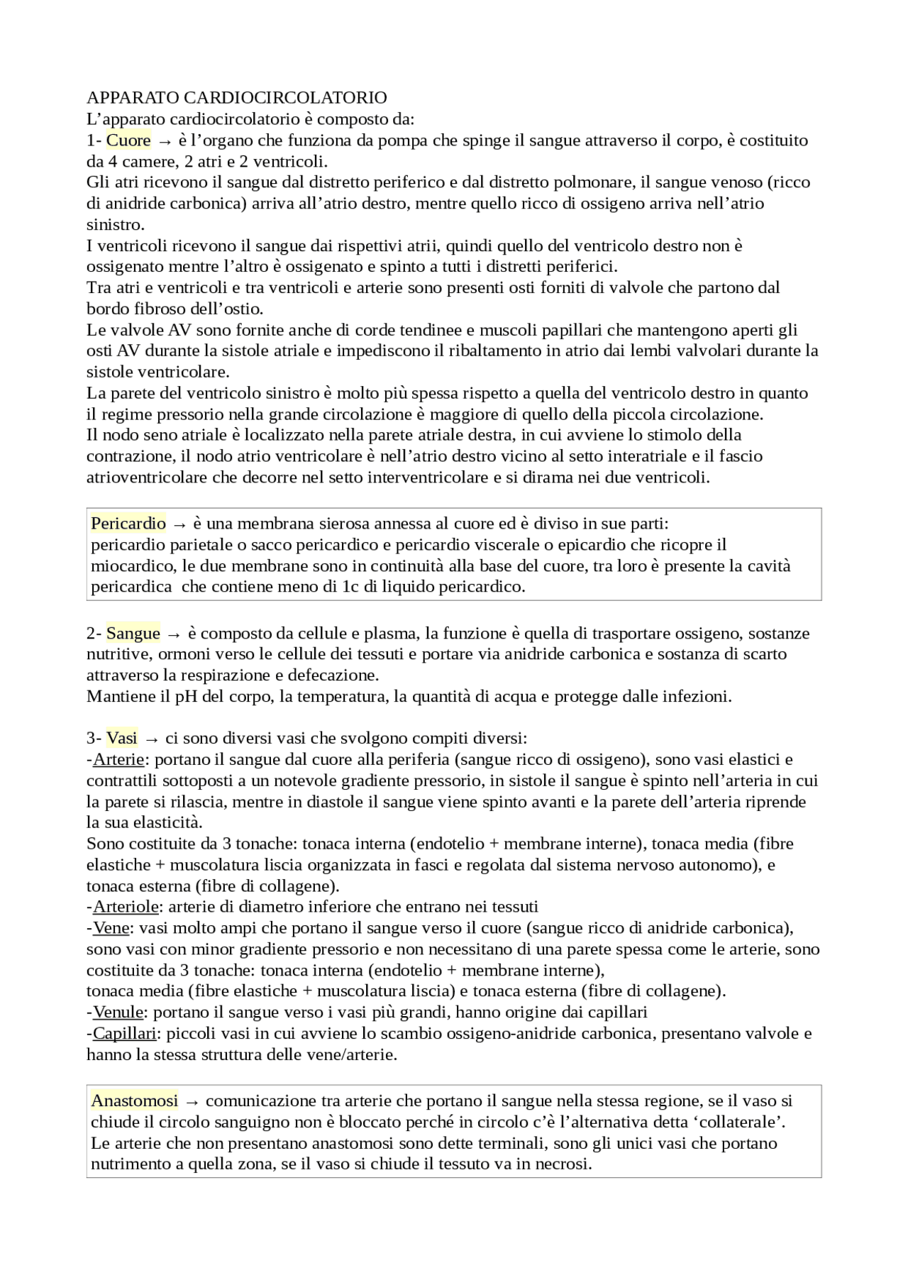 Apparato Cardiocircolatorio Appunti Di Anatomia Docsity