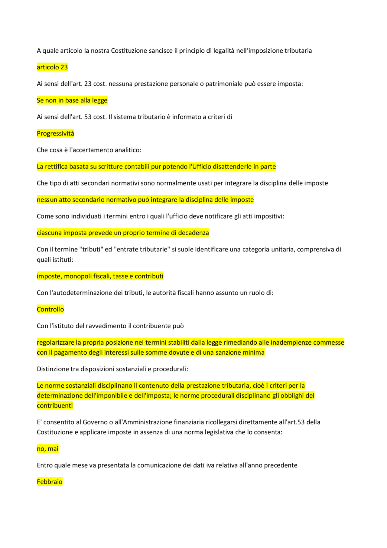 Domande e risposte di diritto tributario | Prove d'esame di Diritto Tributario | Docsity