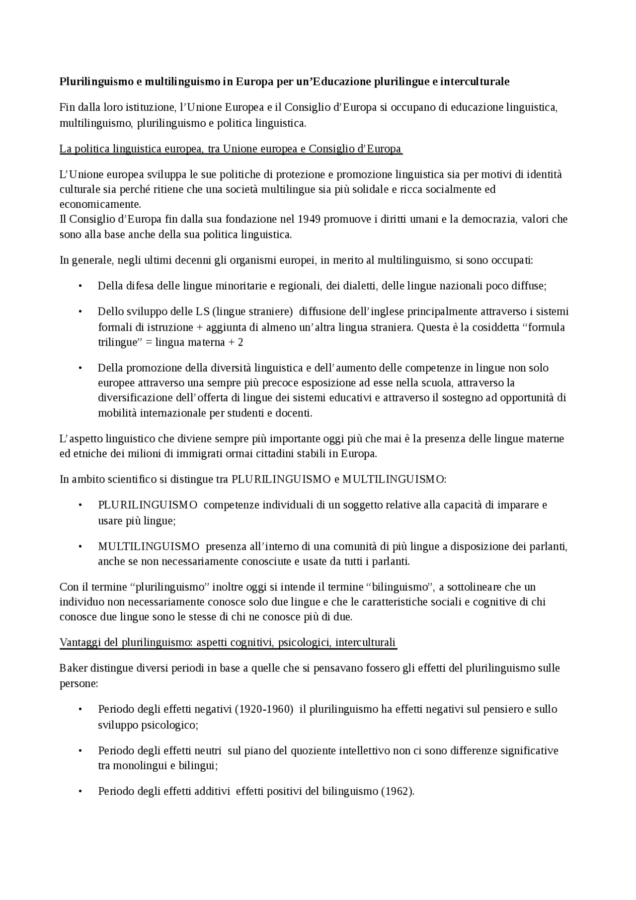 Plurilinguismo e multilinguismo in Europa per una Educazione plurilingue e interculturale ...