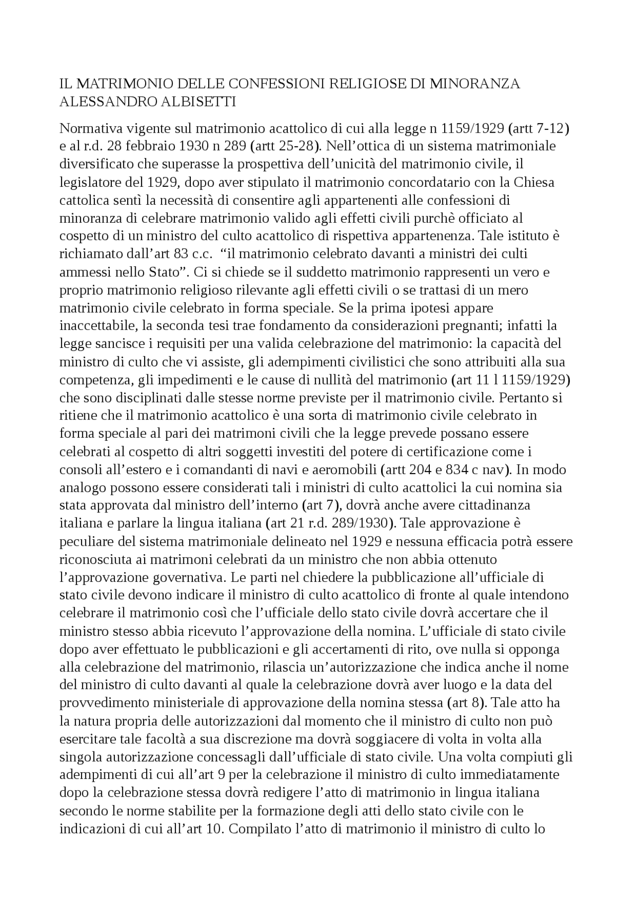 Il matrimonio delle confessioni religiose di minoranza - Docsity