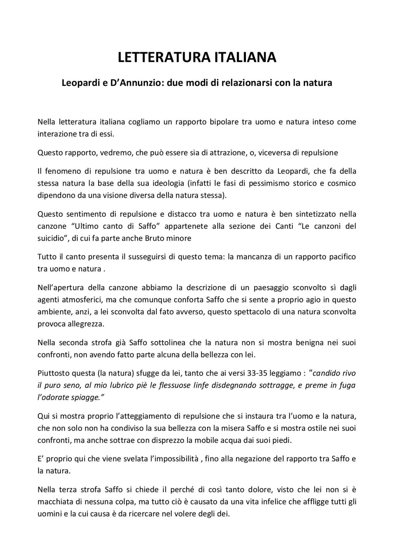 Leopardi- D'annunzio | Temi di Italiano | Docsity