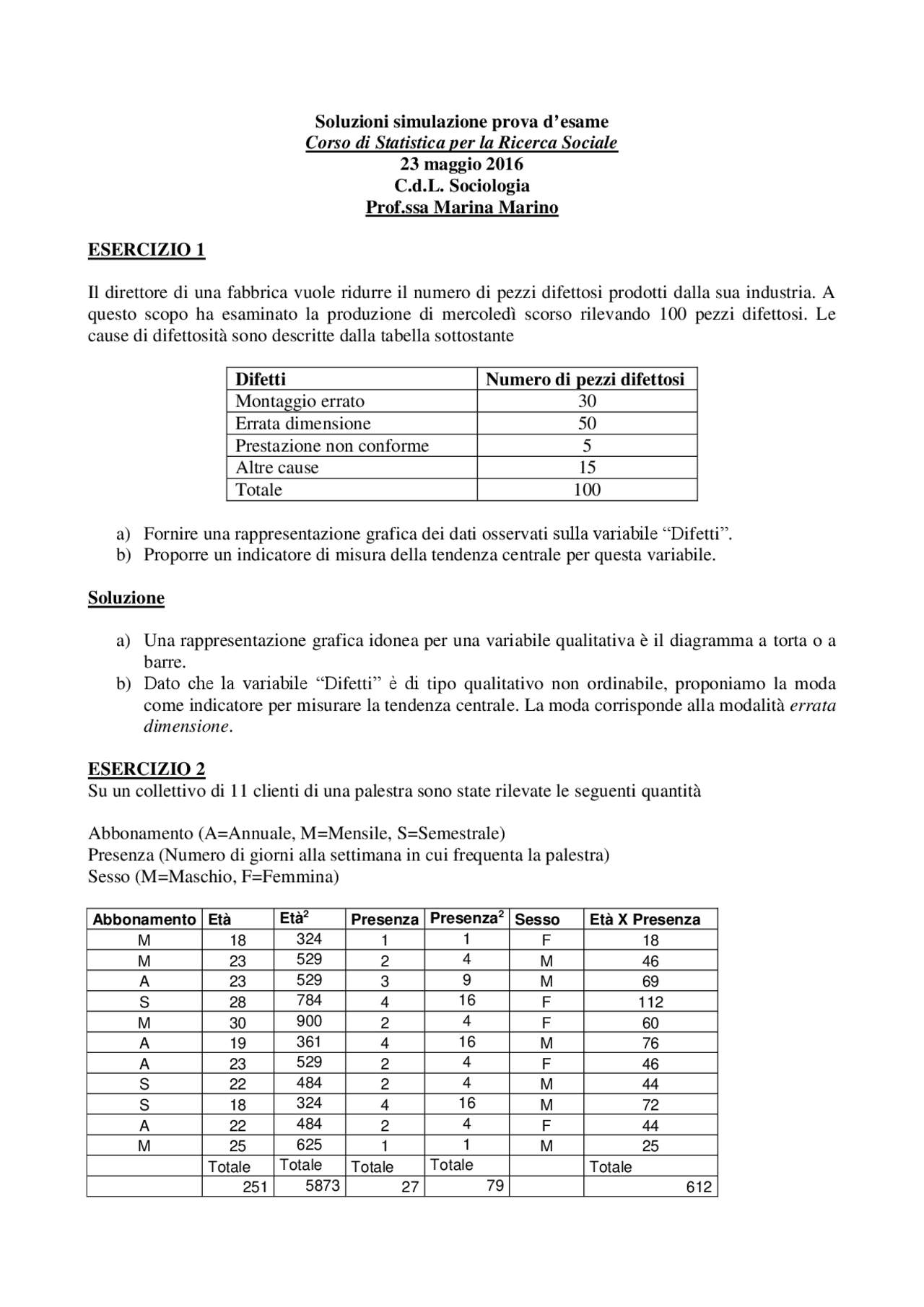 Soluzione simulazione esame statistica sociologia economia - Docsity