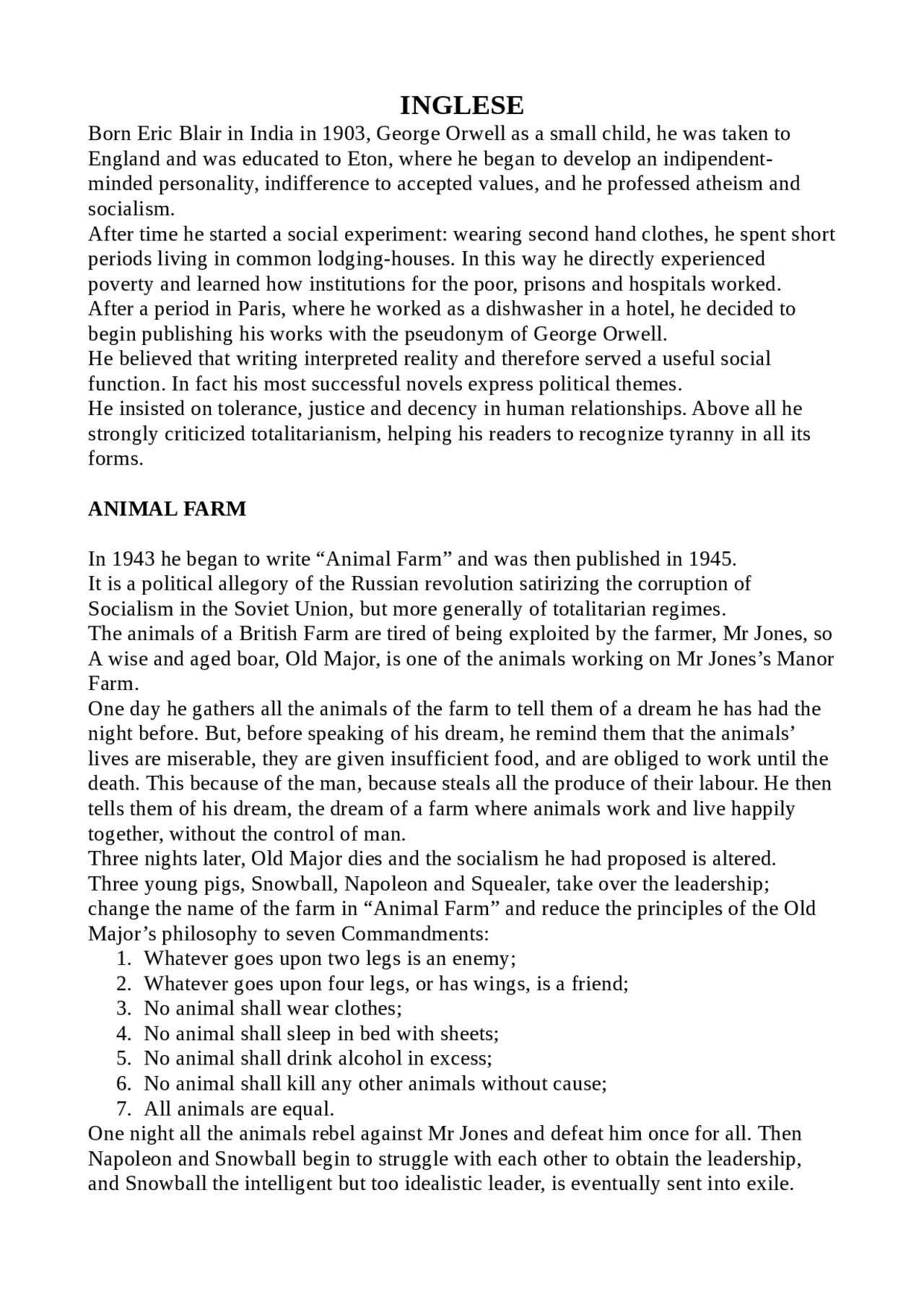 George Orwell più Animal Farm - Docsity