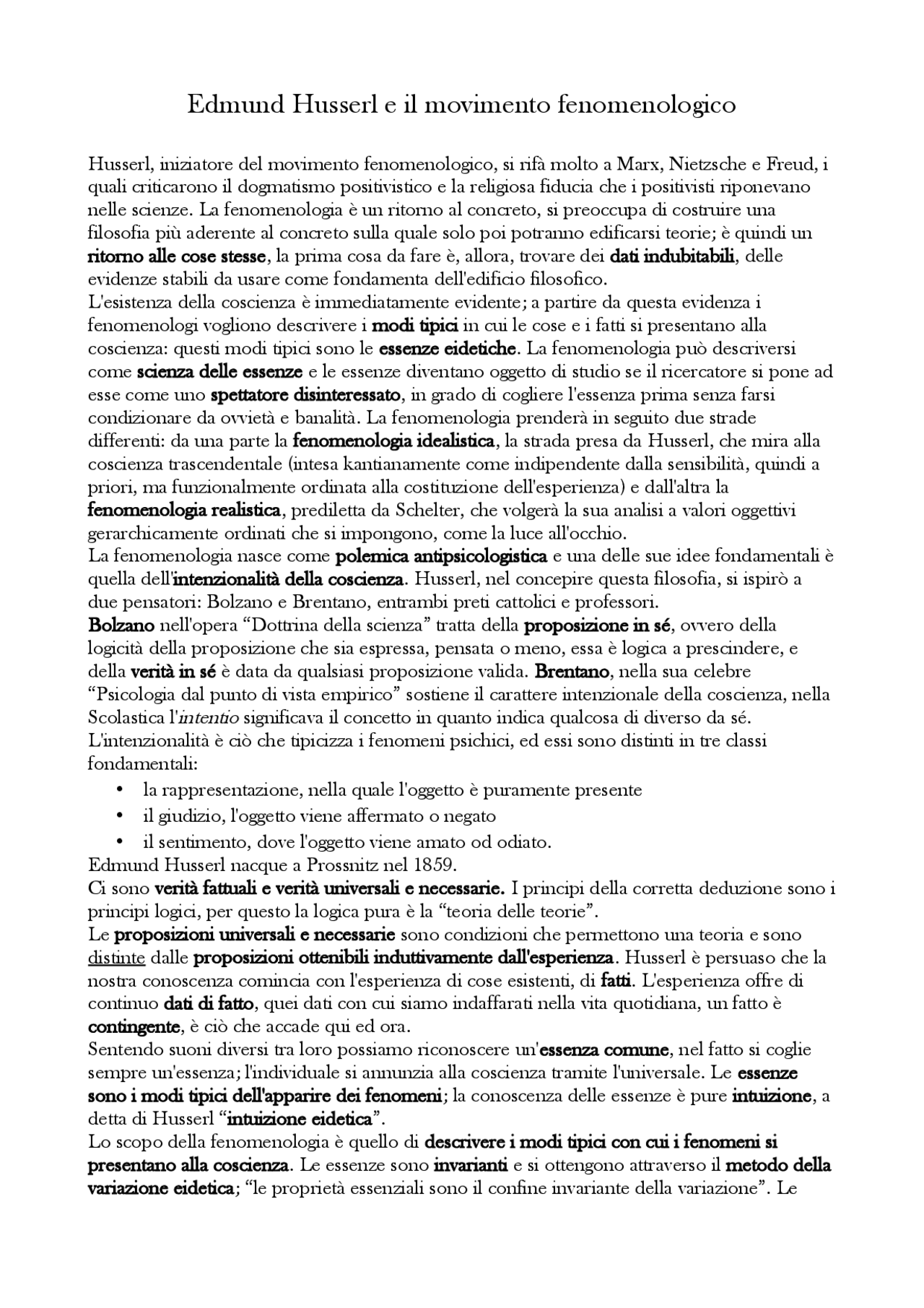 Husserl E La Fenomenologia Docsity