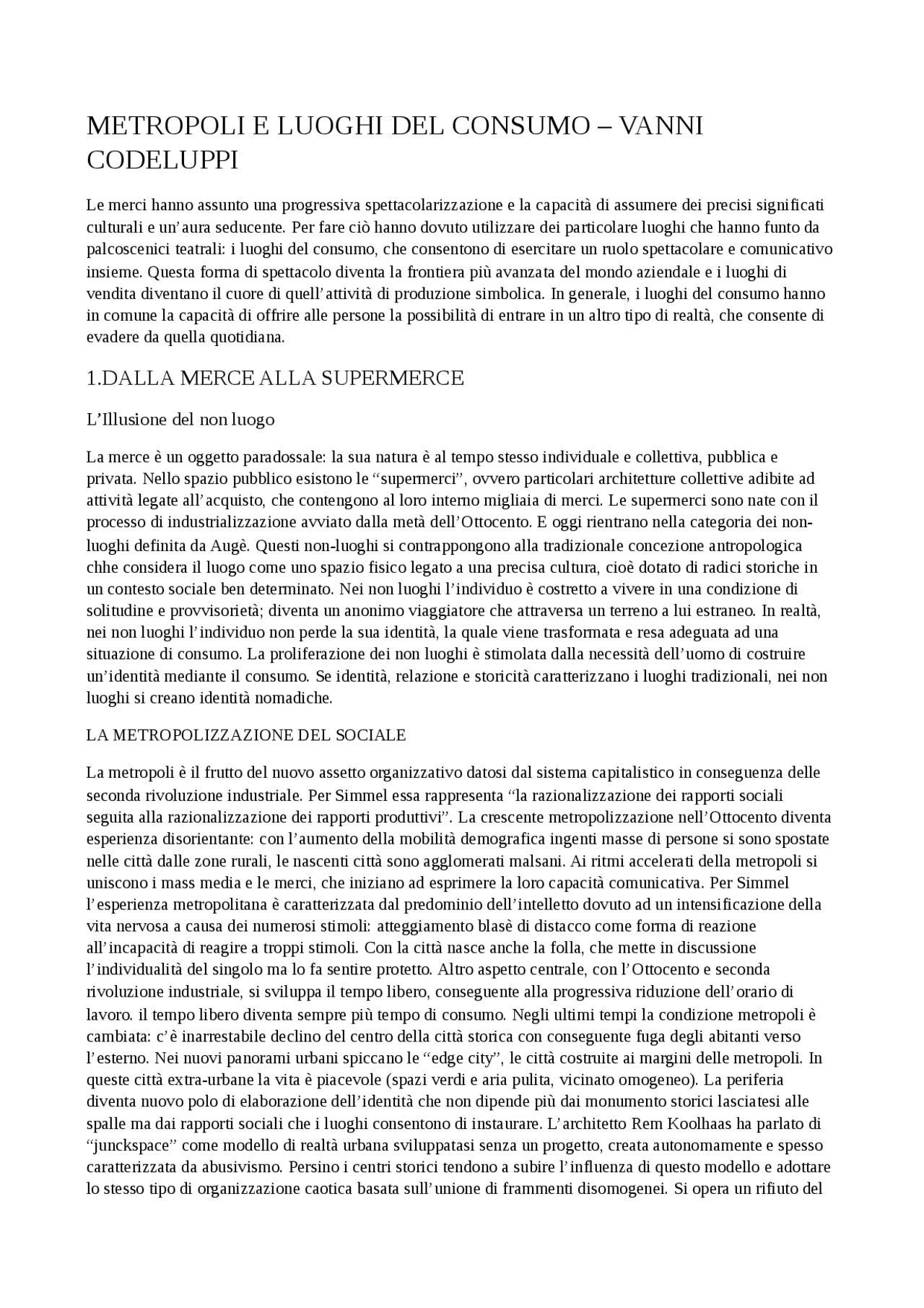 Metropoli E Luoghi Del Consumo Di Vanni Codeluppi Docsity