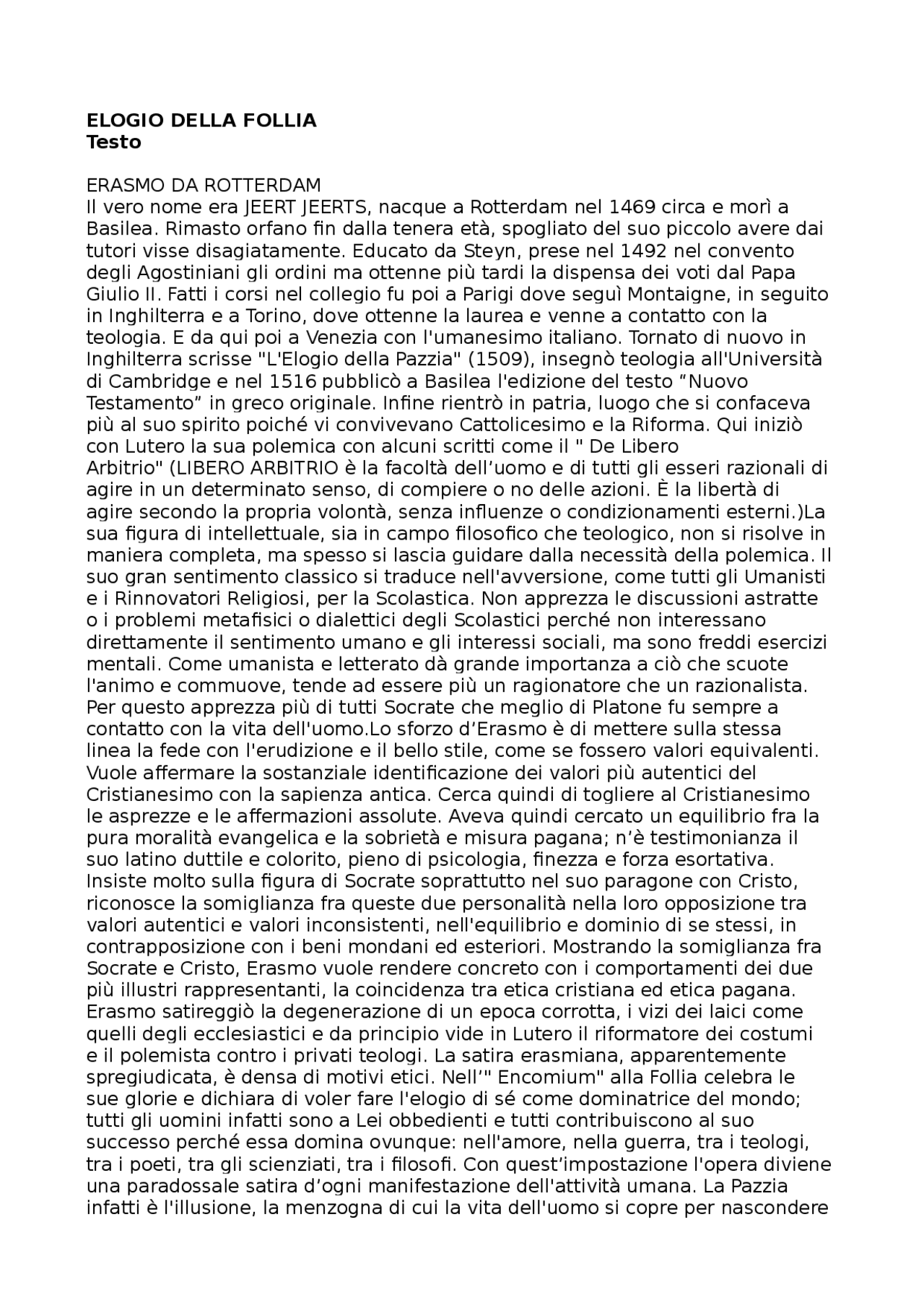 Riassunto Elogio Sulla Follia Docsity