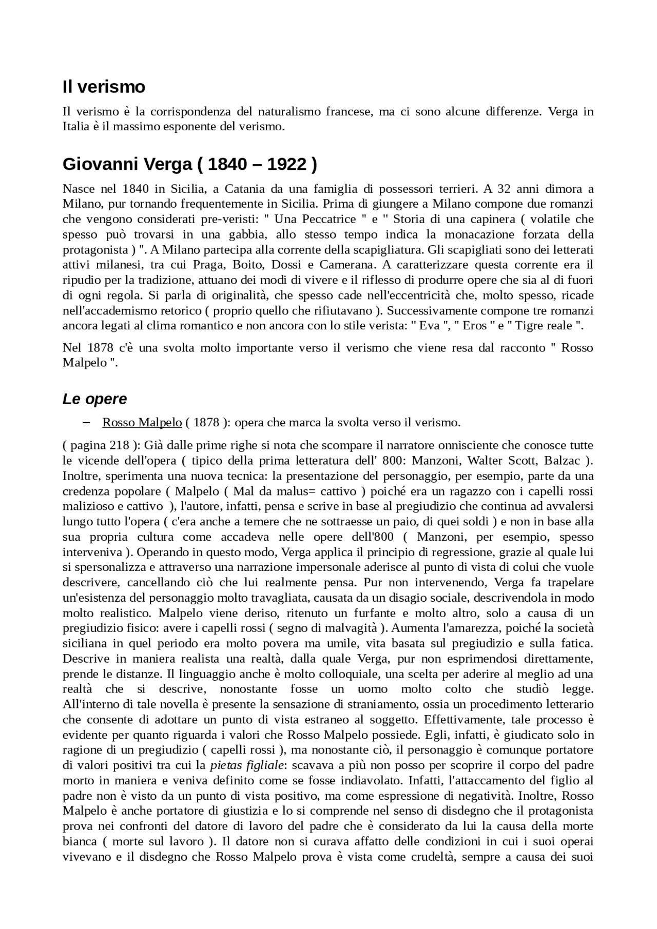 Appunti liceali di italiano - Il verismo e Giovanni Verga - Docsity