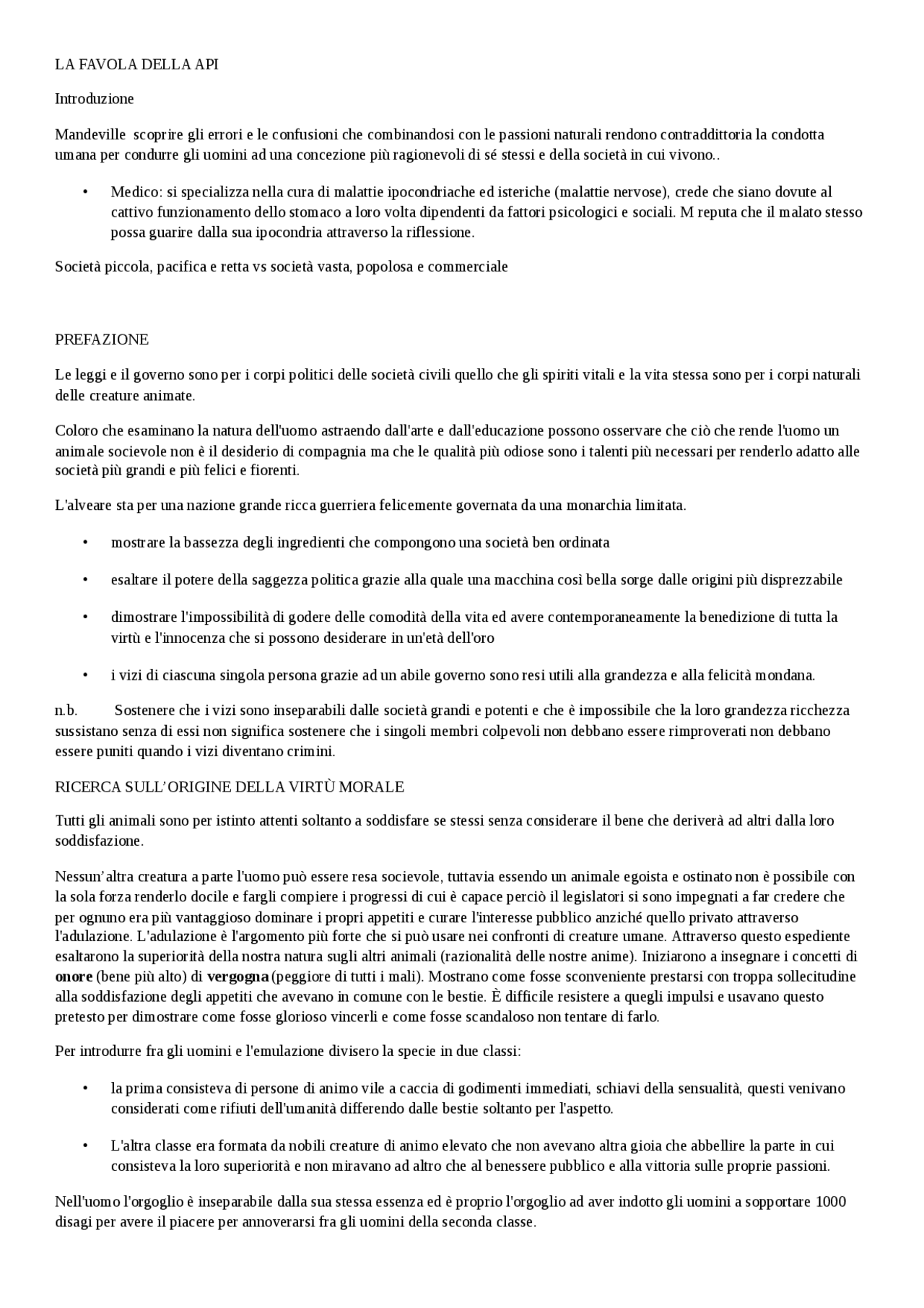 Riassunto De La Favola Delle Api Di Mandeville Docsity
