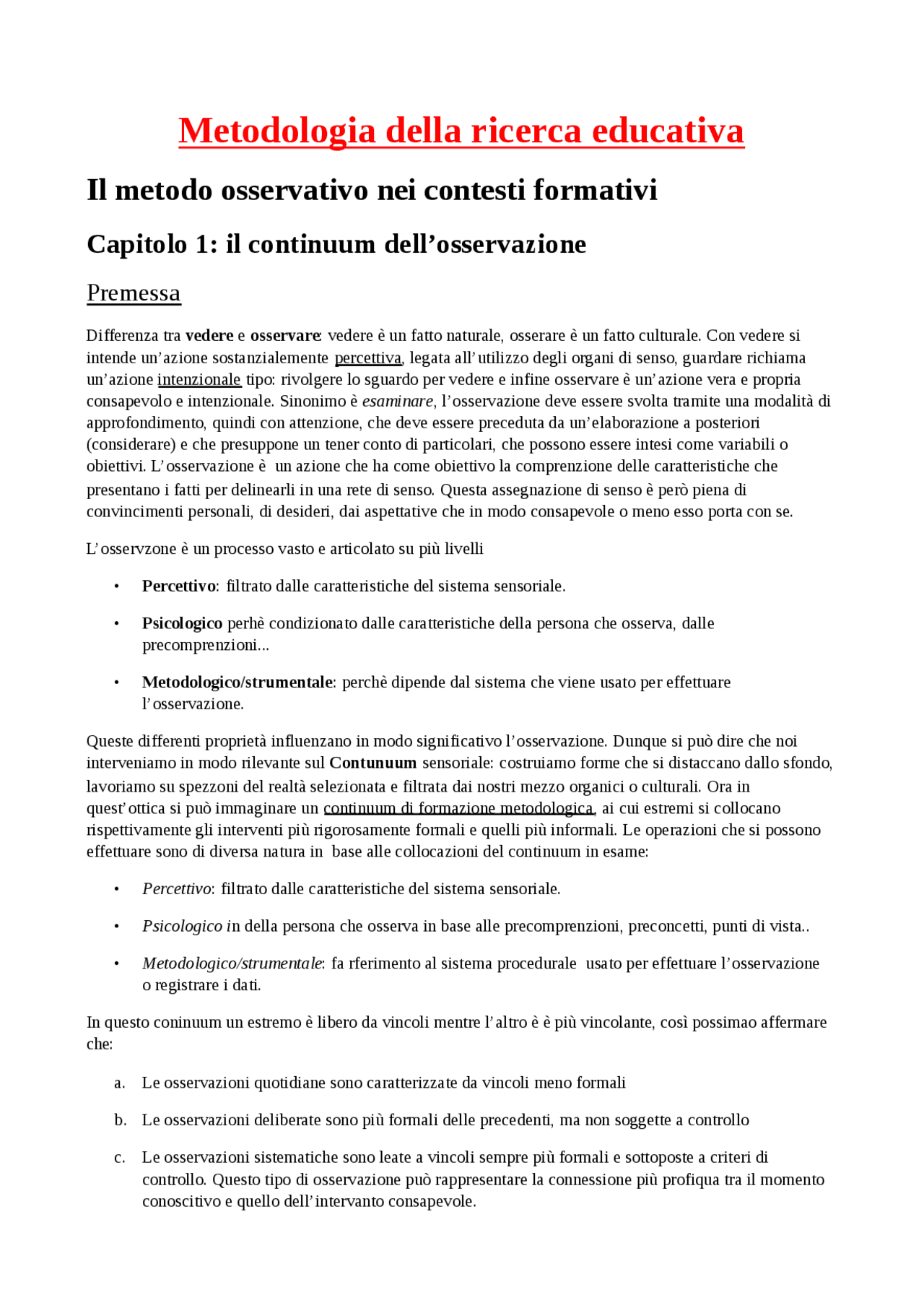 Riassunto Il Metodo Osservativo Nei Contesti Formativi Docsity