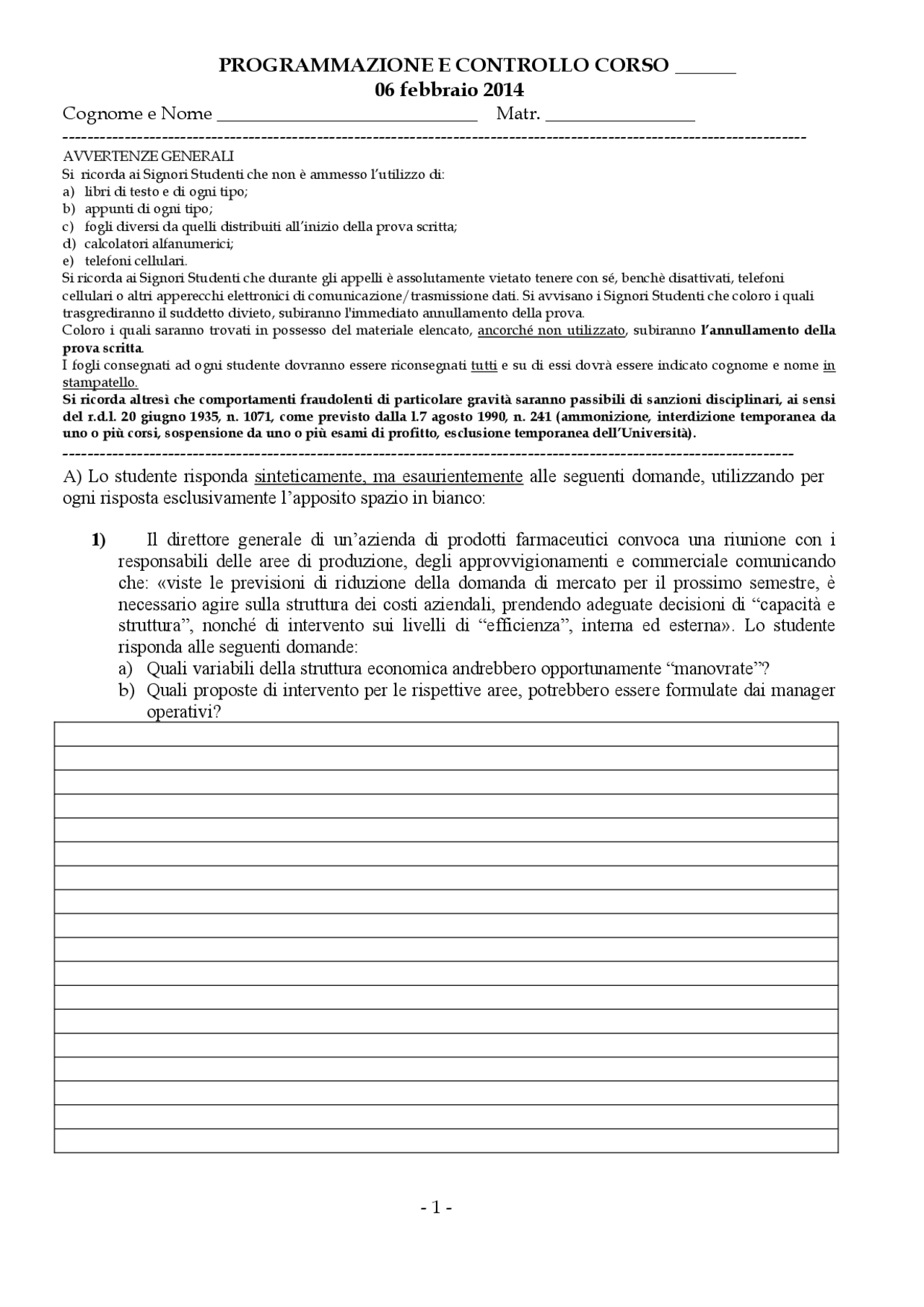 Appelli Controllo Di Gestione Docsity