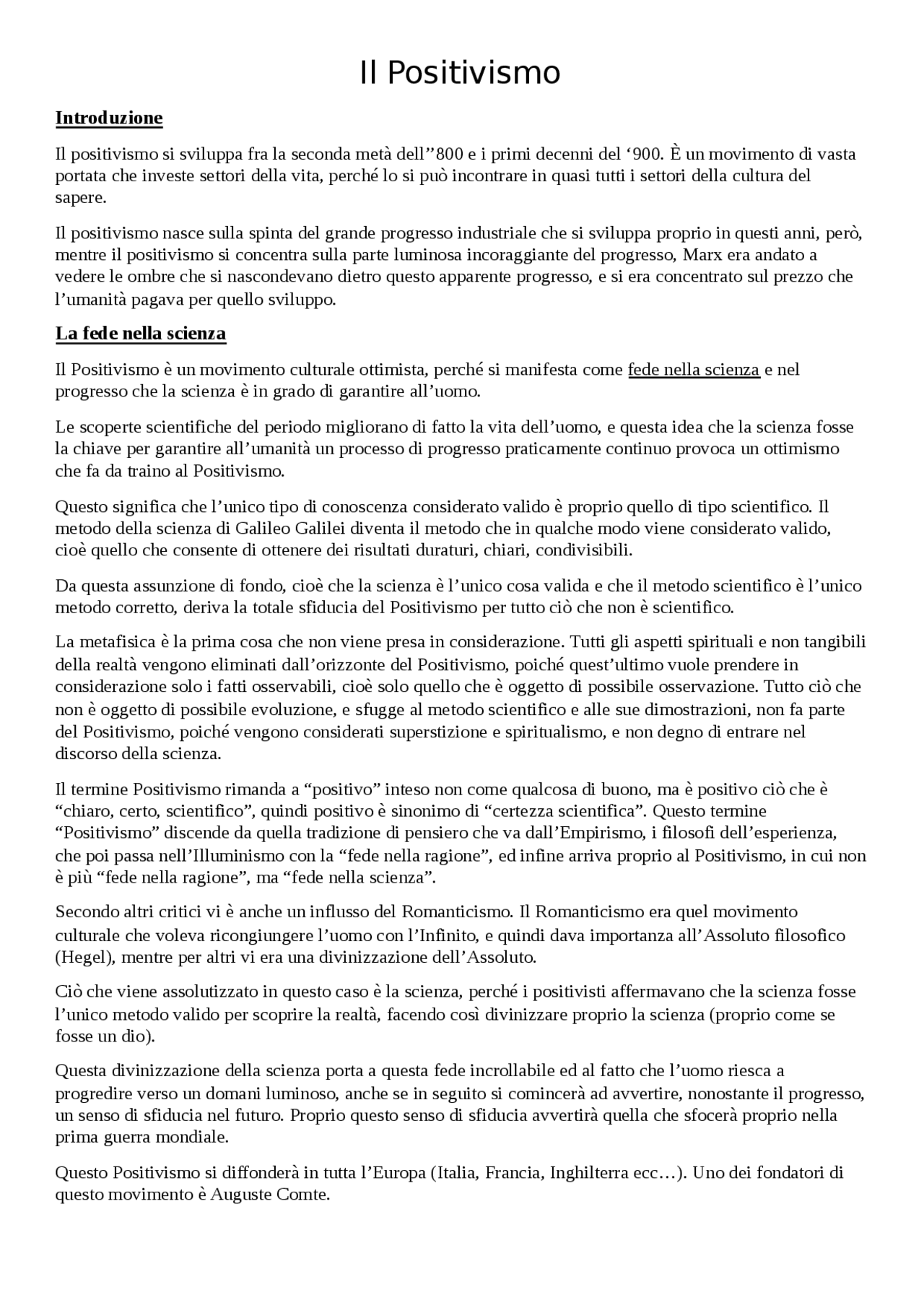 Auguste Comte E Il Positivismo Docsity