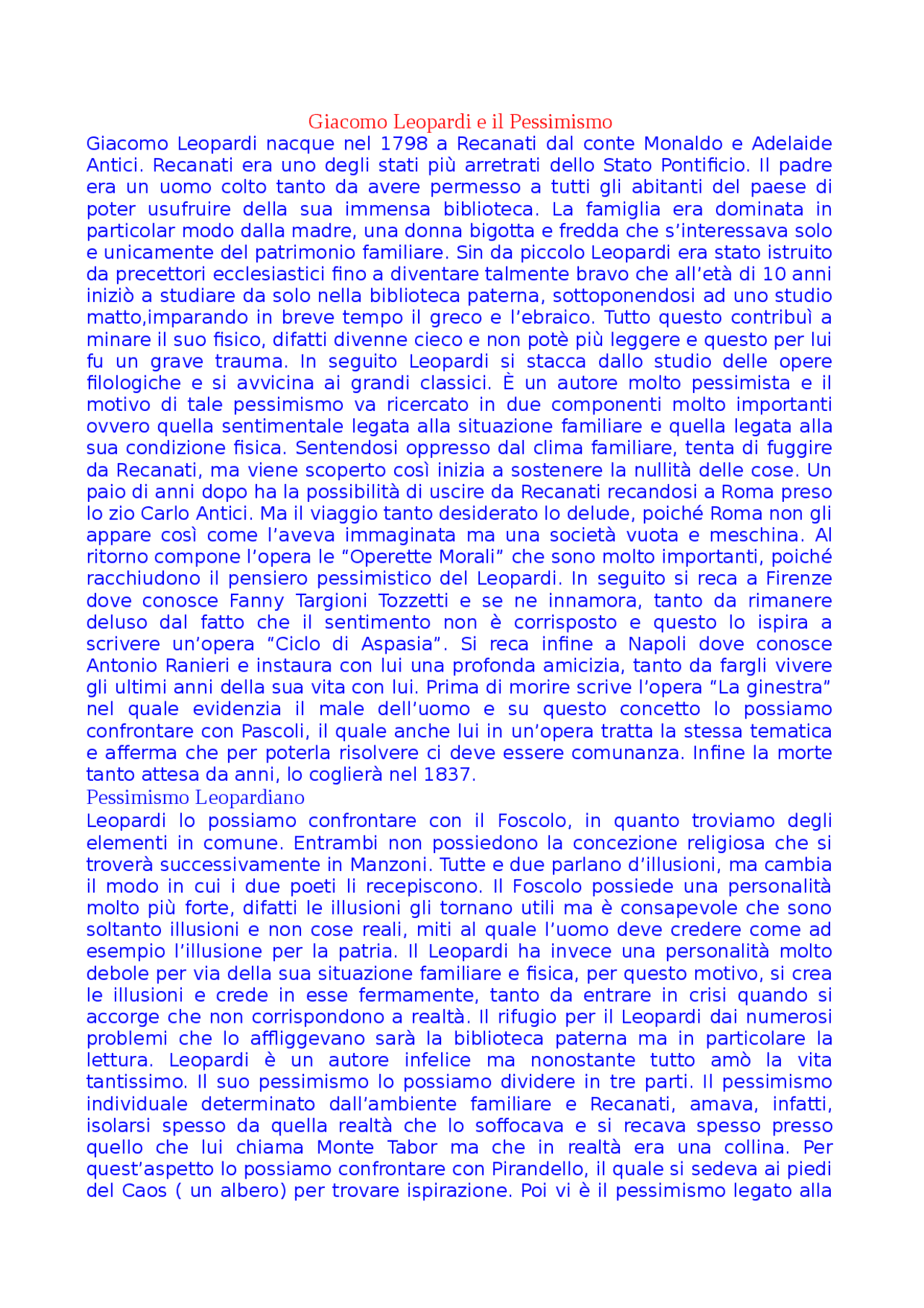 Giacomo Leopardi e il Pessimismo - Docsity