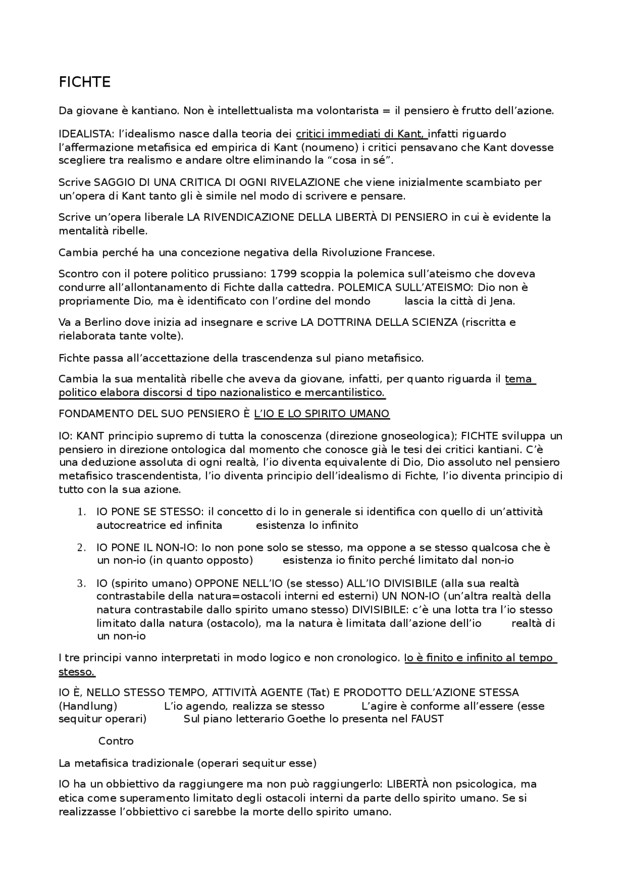 Schema Riassuntivo Fichte Dal Libro Abbagnano Fornero Docsity