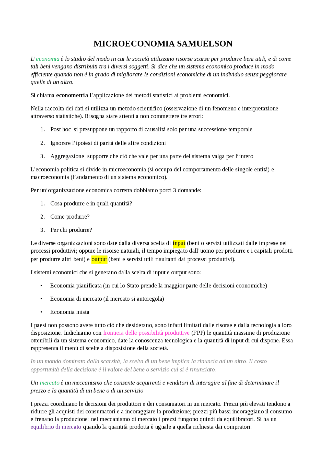MICROECONOMIA SAMUELSON | Schemi e mappe concettuali di Economia Politica | Docsity
