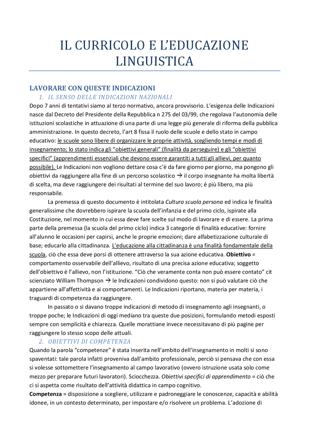 Il curricolo e l'educazione linguistica - Docsity