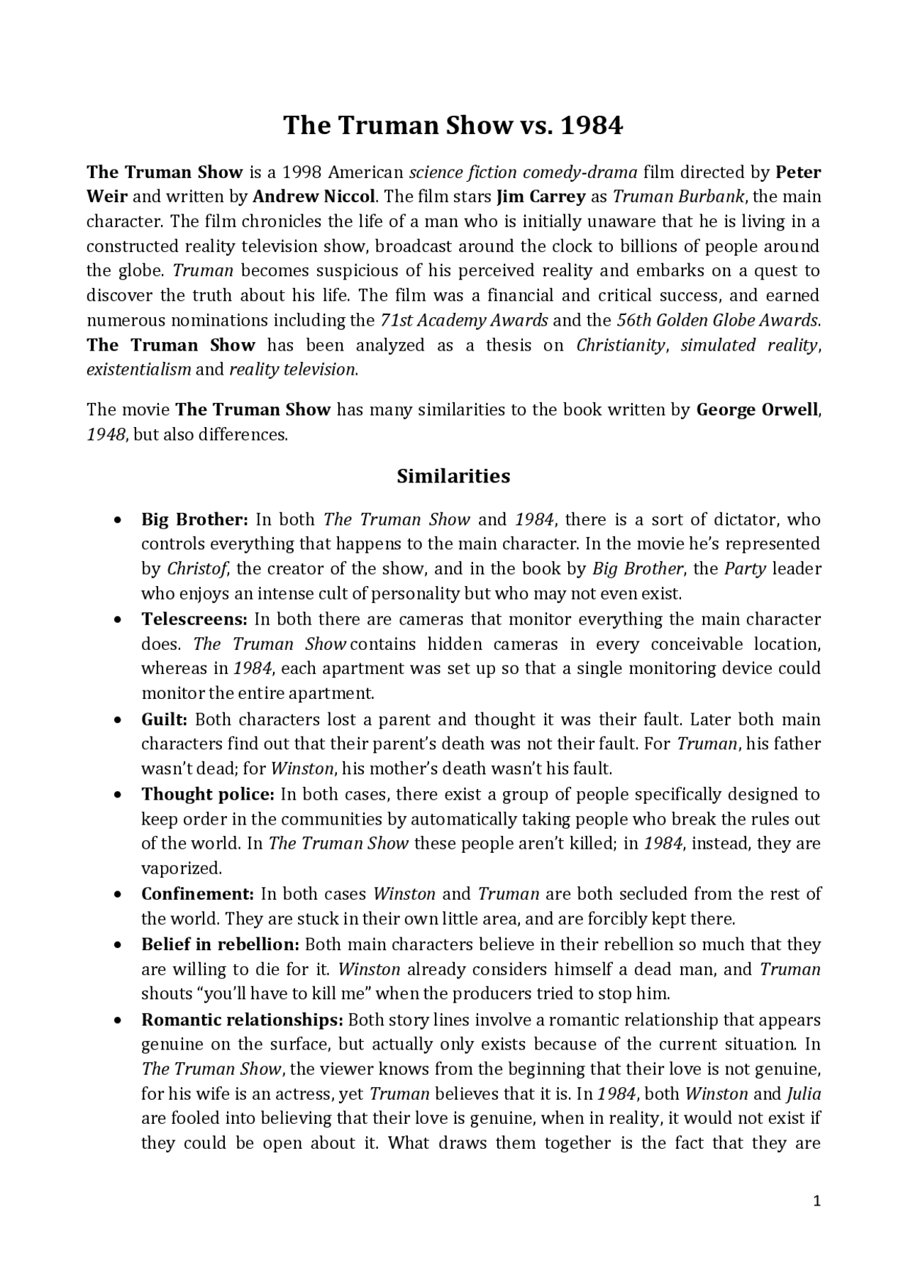 The Truman Show and 1984: similarities and differences - Docsity