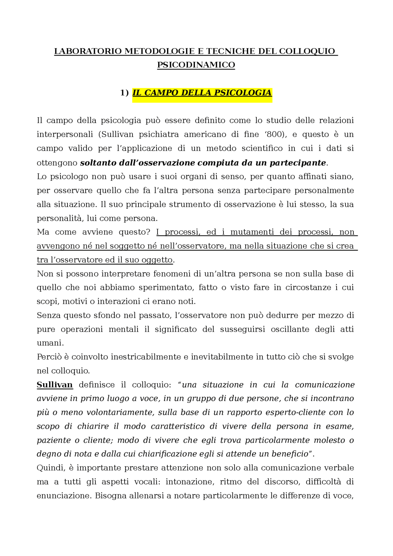 Laboratorio Metodologie E Tecniche Del Colloquio Psicodinamico Docsity