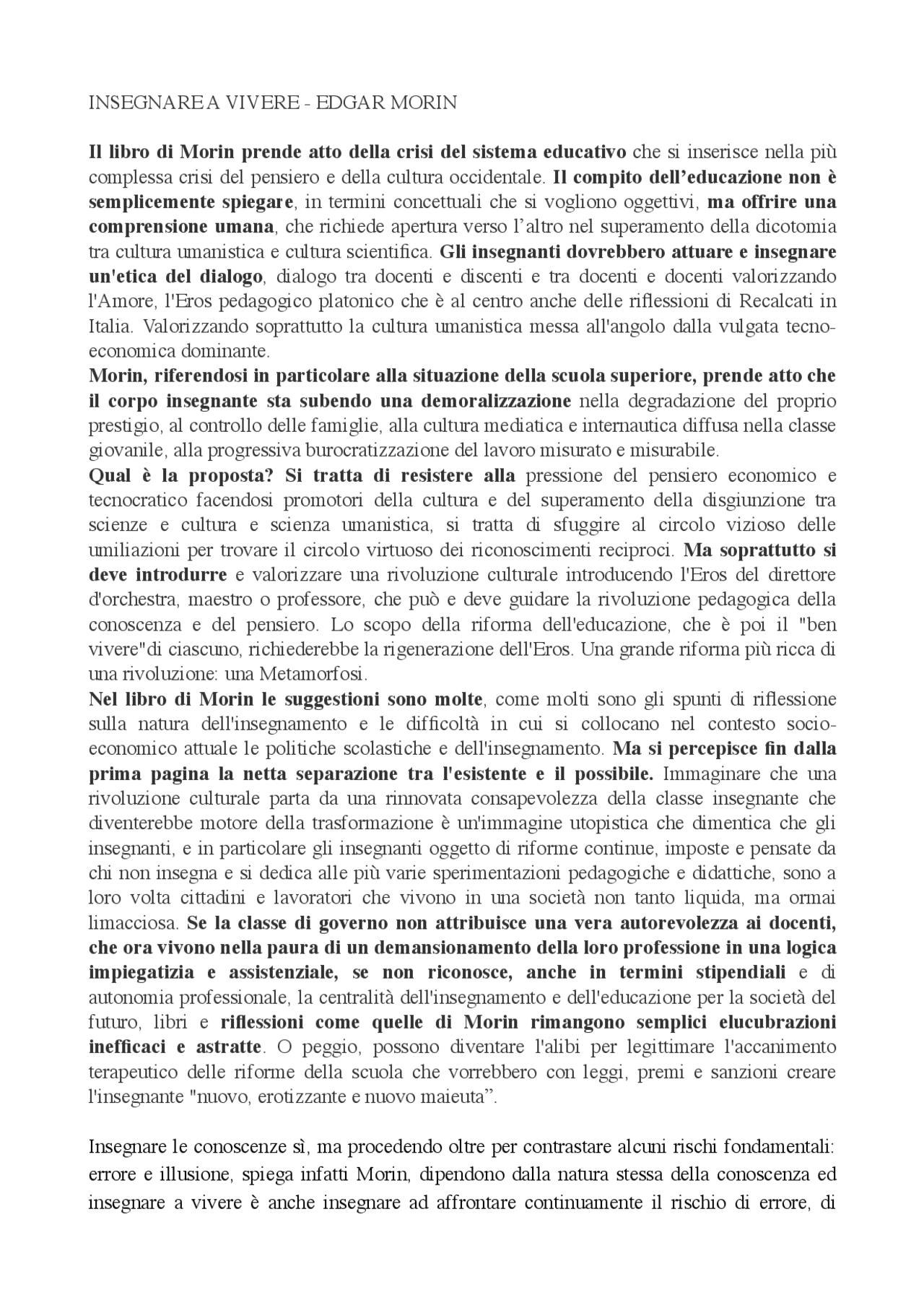 Insegnare A Vivere E Morin Docsity