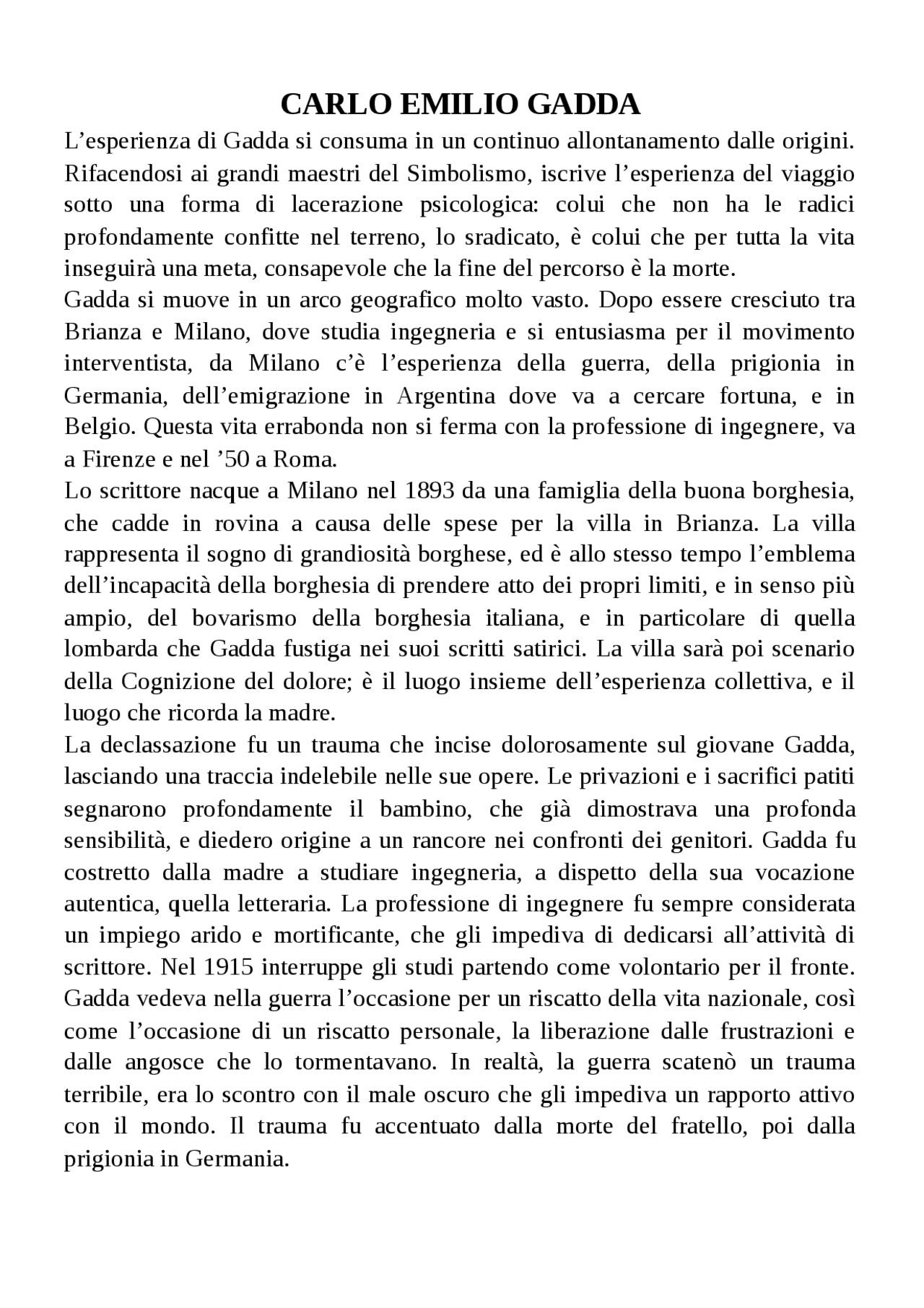 Carlo Emilio Gadda Vita E Opere Docsity