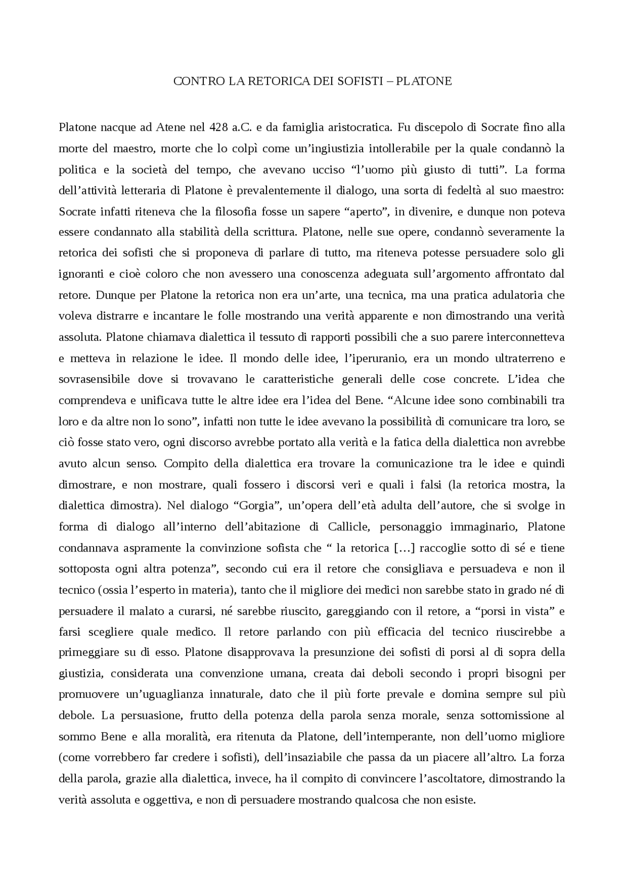 Contro la retorica dei sofisti Platone - Docsity